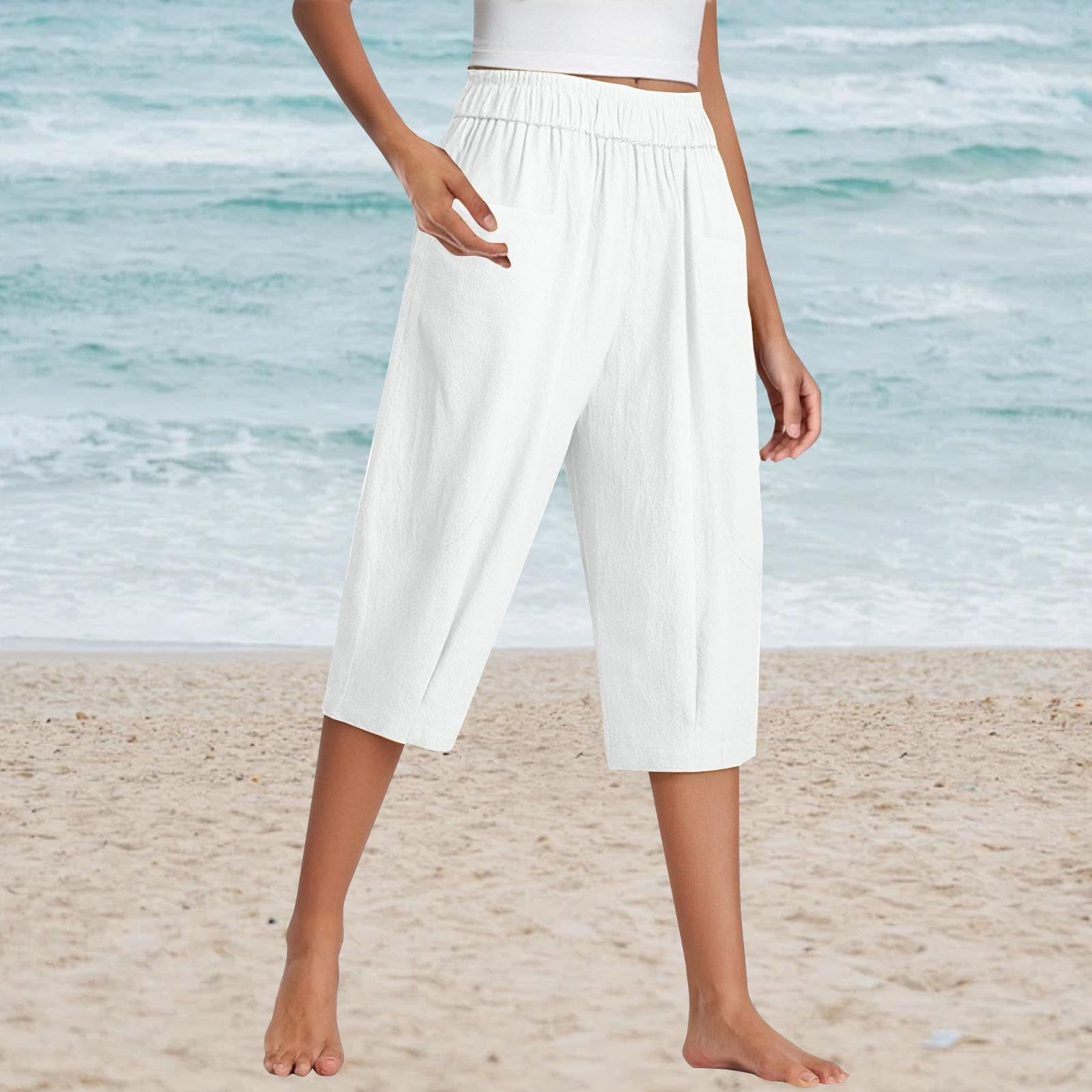 Pxiakgy Women Capri Pants, Cotton Linen Wide Leg High Waist Crop Lounge ...