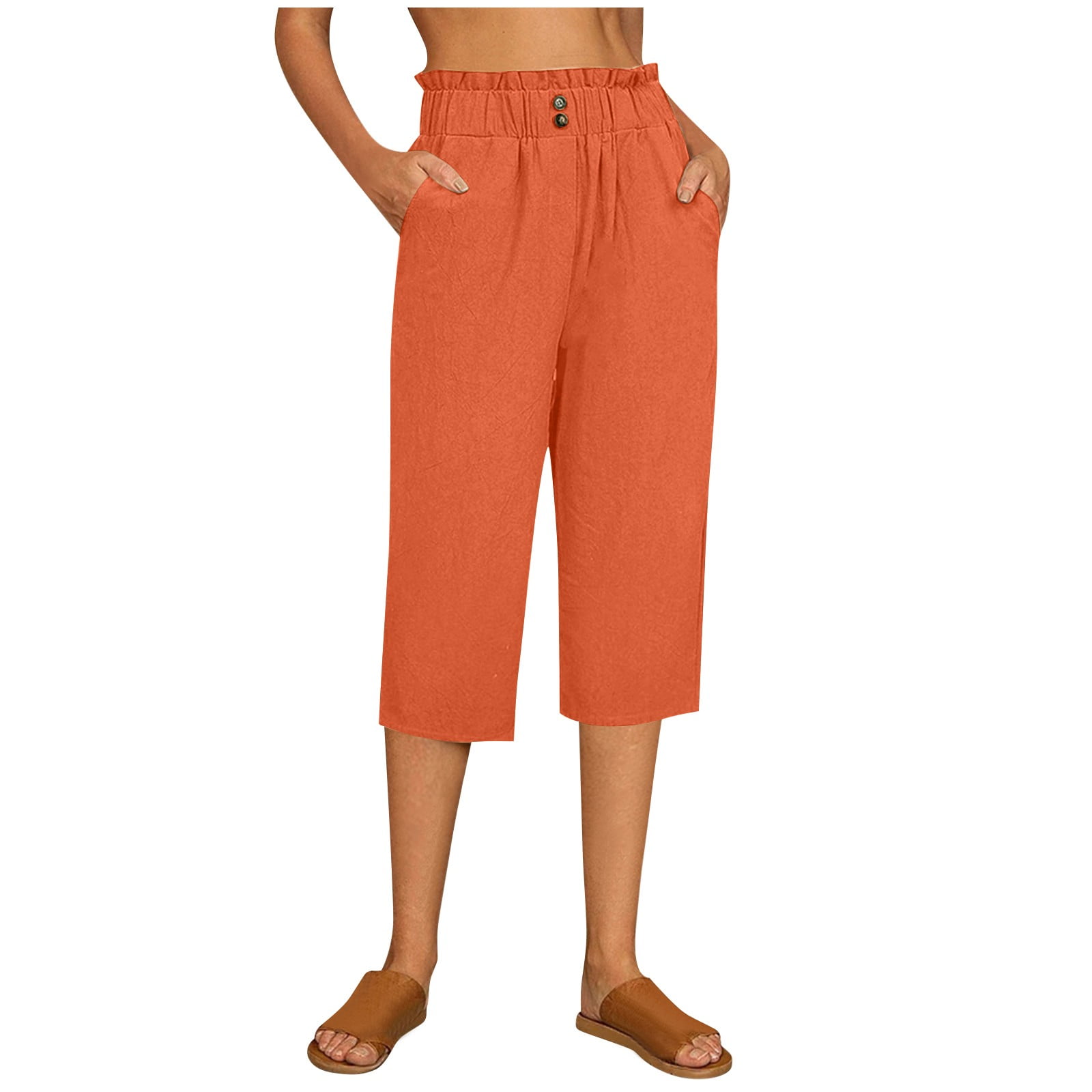 Pxiakgy Women Half Linen Pants with Pockets Elastic Waist Shorts Summer ...