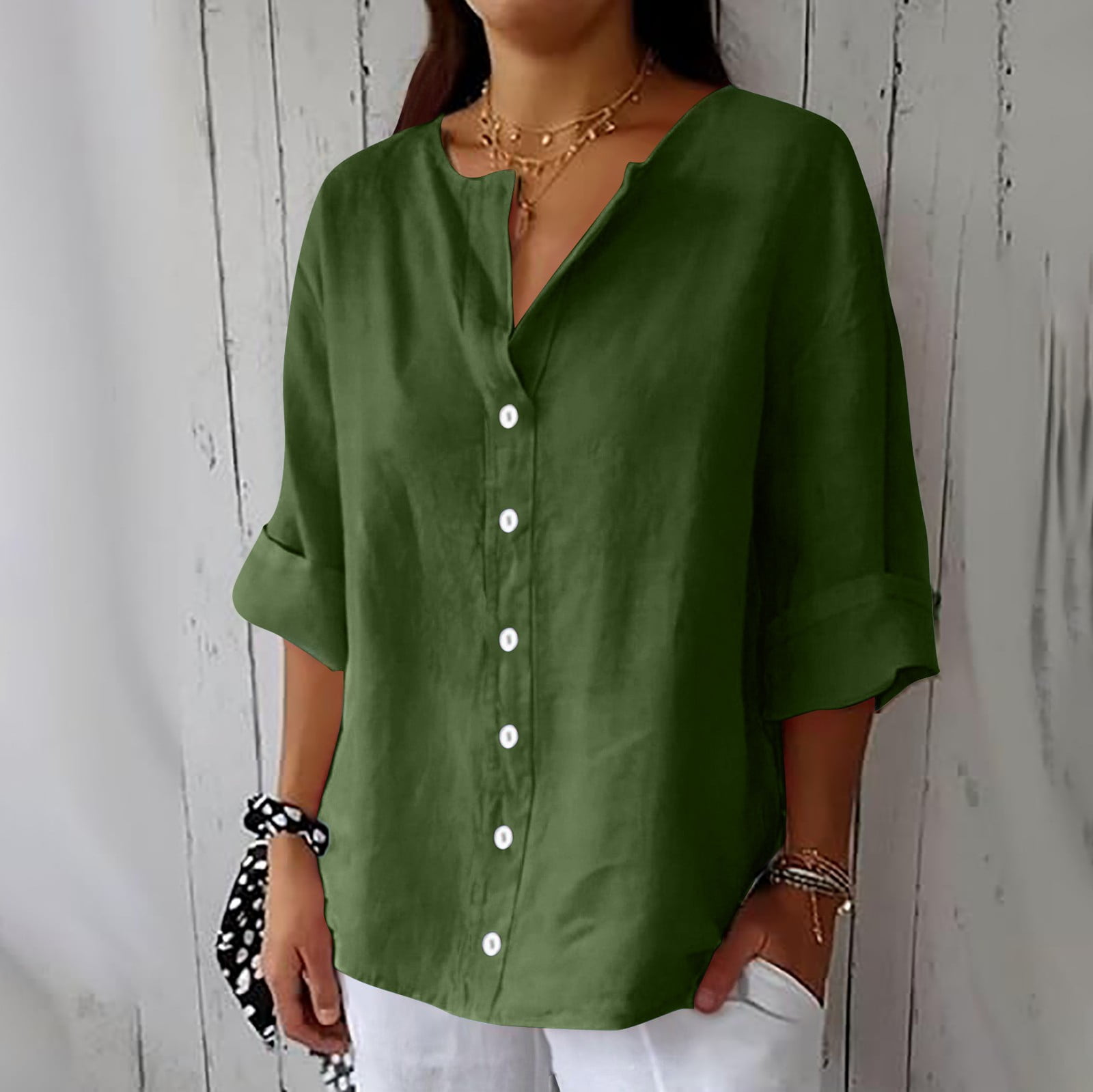 Pxiakgy Women Linen Button Down Shirt Rolled Cuffed Short Sleeve Blouse Ladies Summer Casual V ...