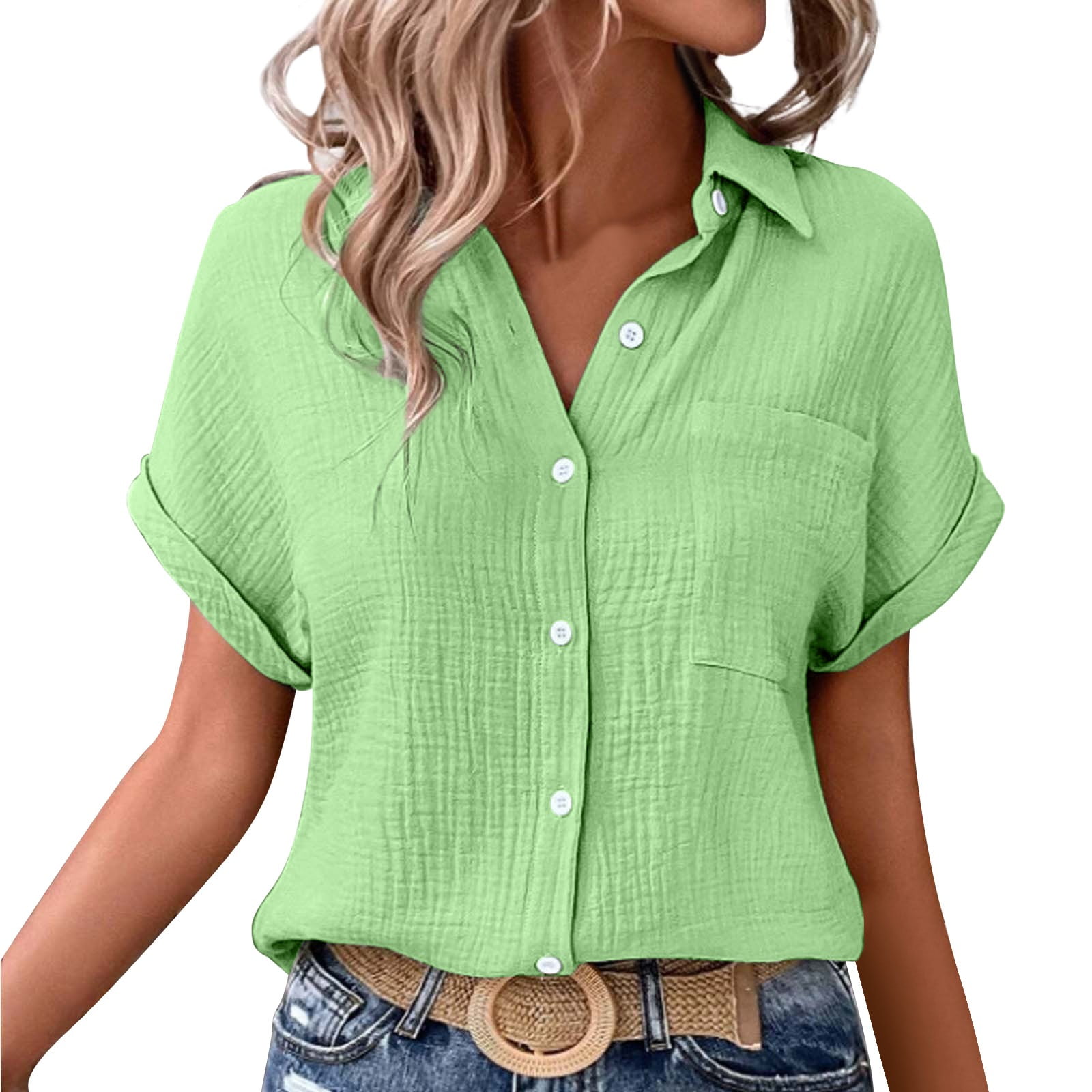 Pxiakgy Women Linen Button Down Shirt Rolled Cuffed Short Sleeve Blouse ...