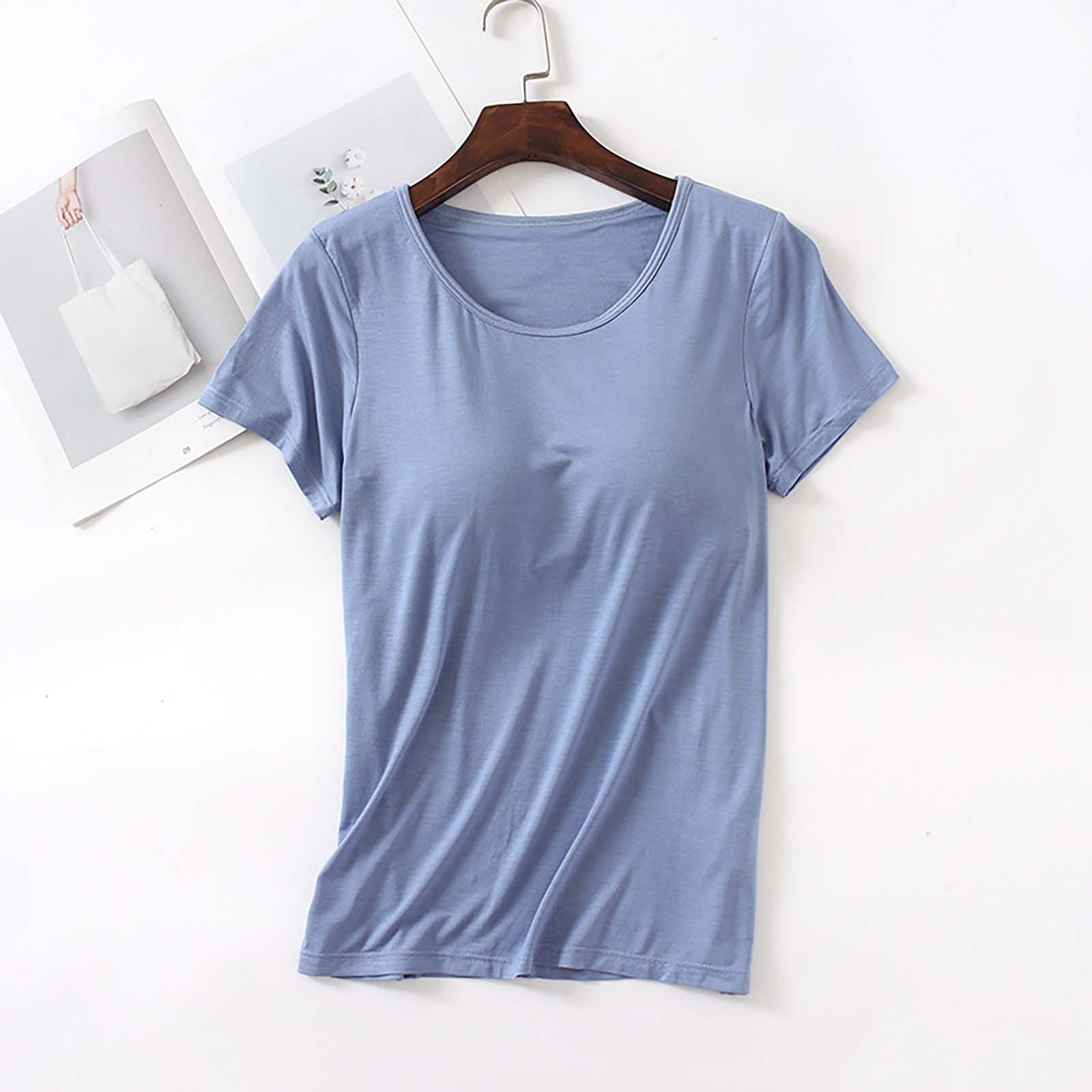 Pxiakgy Women's Modal Padded Built-In-Bra T-Shirts Short-Sleeve Crew Neck Wireless Bra Tops Tee ...