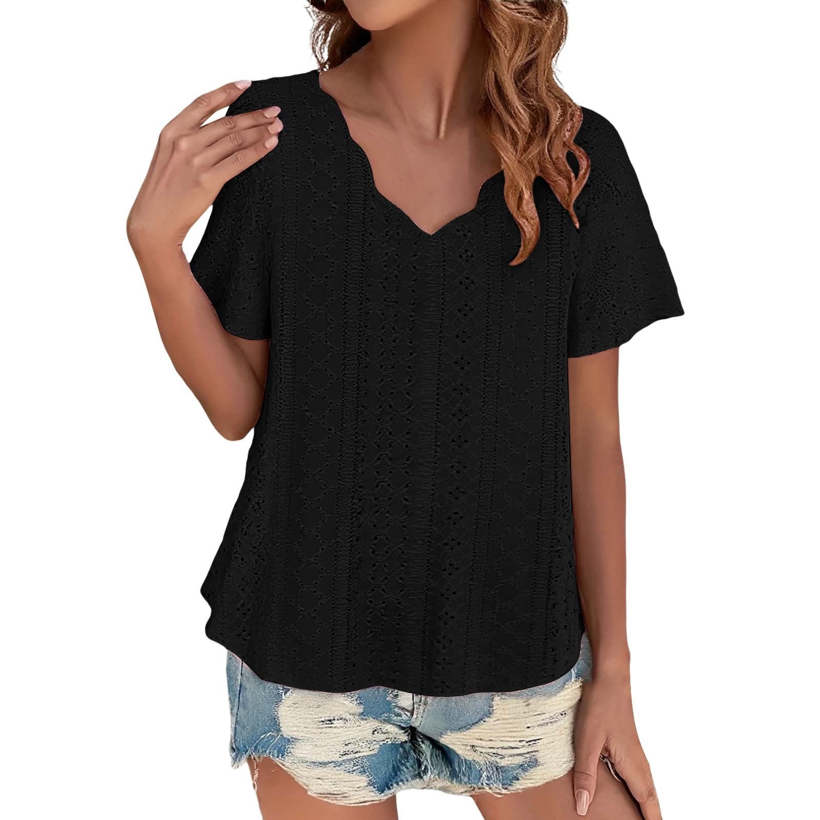 Pxiakgy Womens Tops Eyelet Embroidery Summer Spring Curved Hem Ruffle ...