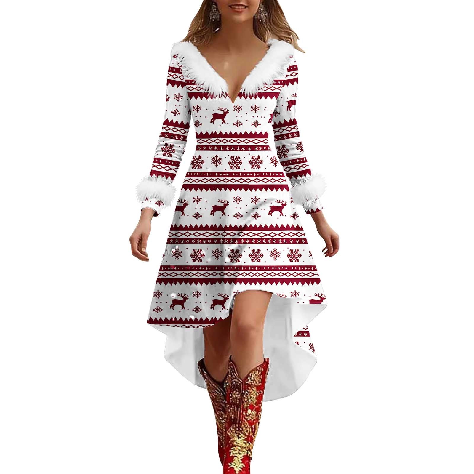 Pxkloy Christmas Swing Dresses for Women V Neck High Low Fuzzy Dress ...