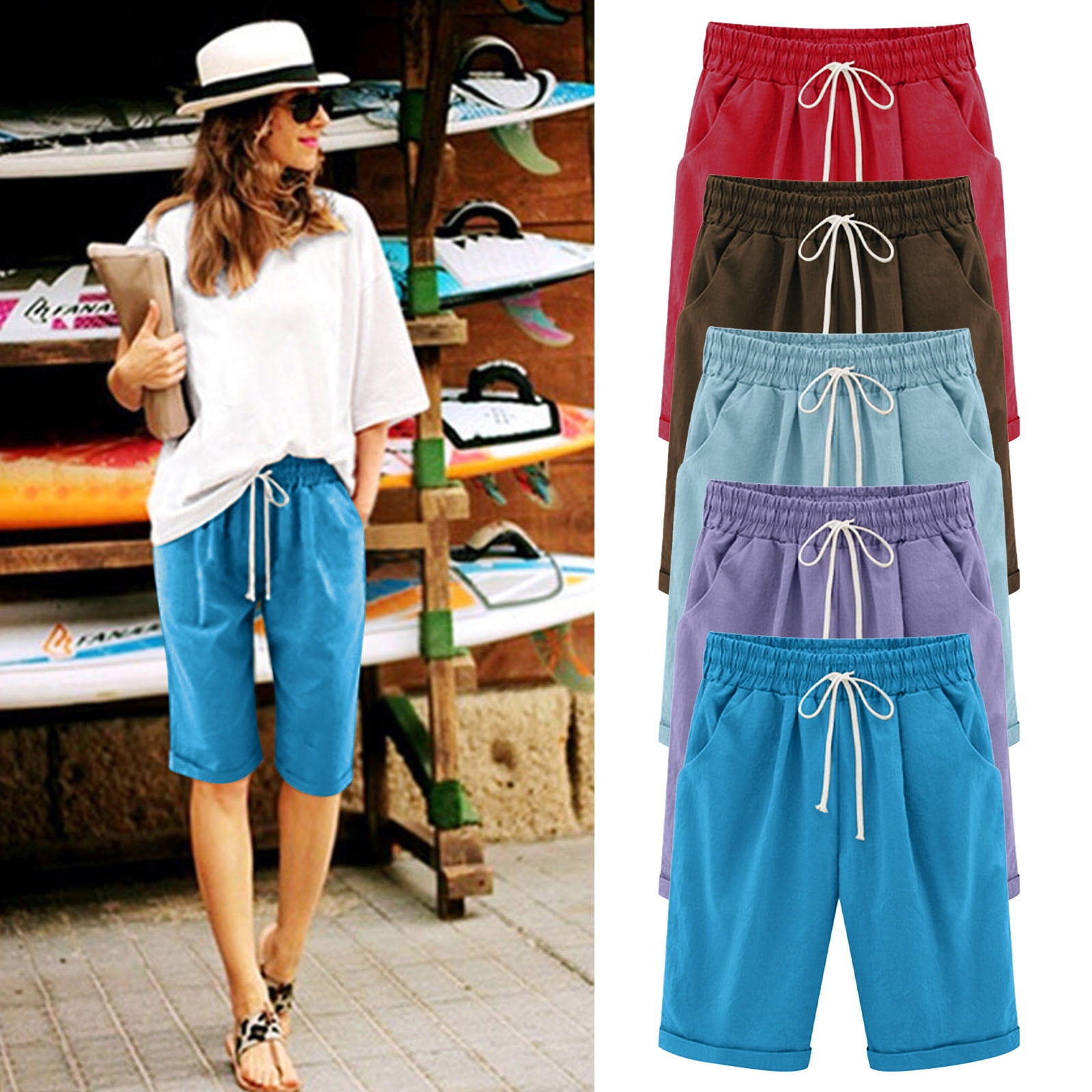 Pxkloy Elastic Shorts for Women,Cotton Linen Bermuda Shorts Knee Length ...