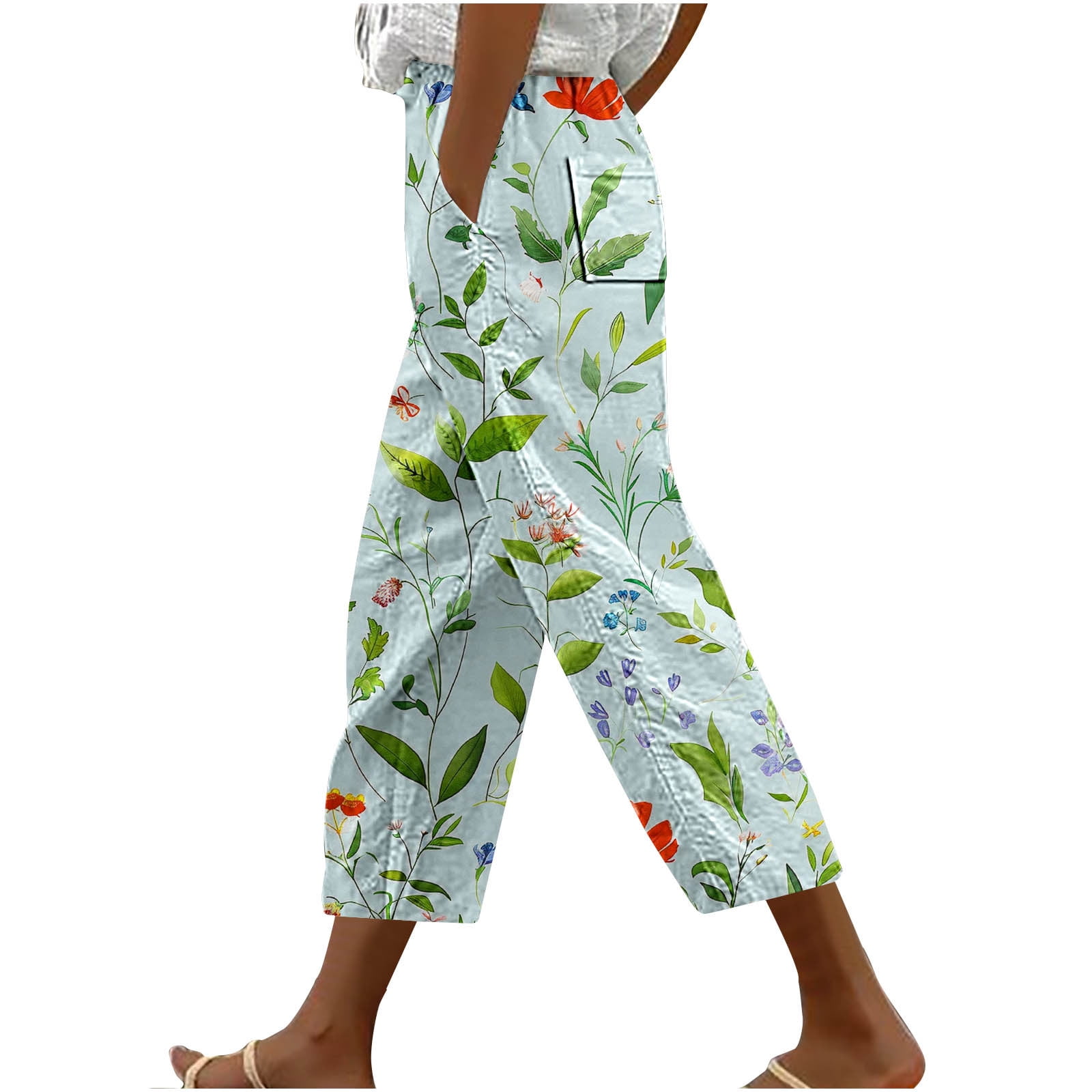 Pxkloy Floral Wide Leg Linen Capri Pants For Women Capri Pants For