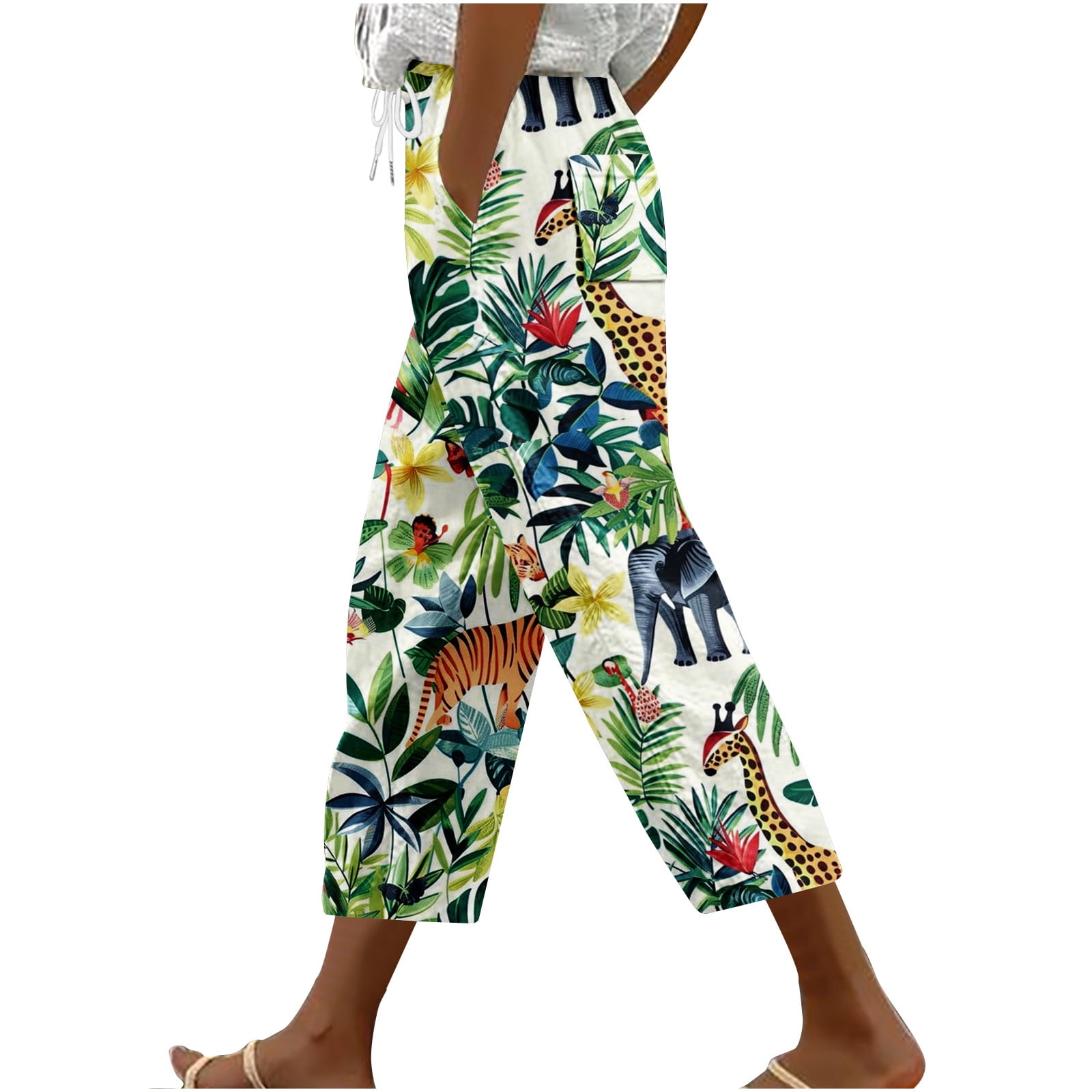Pxkloy Floral Wide Leg Linen Capri Pants for Women,Women's Casual ...