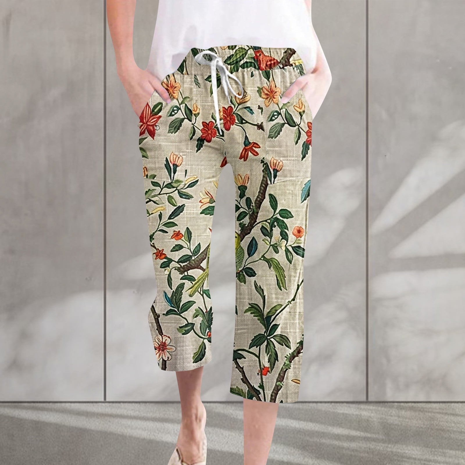 Pxkloy Ladies Linen Capri Pants Linen Capri Pants For Women Drawstring