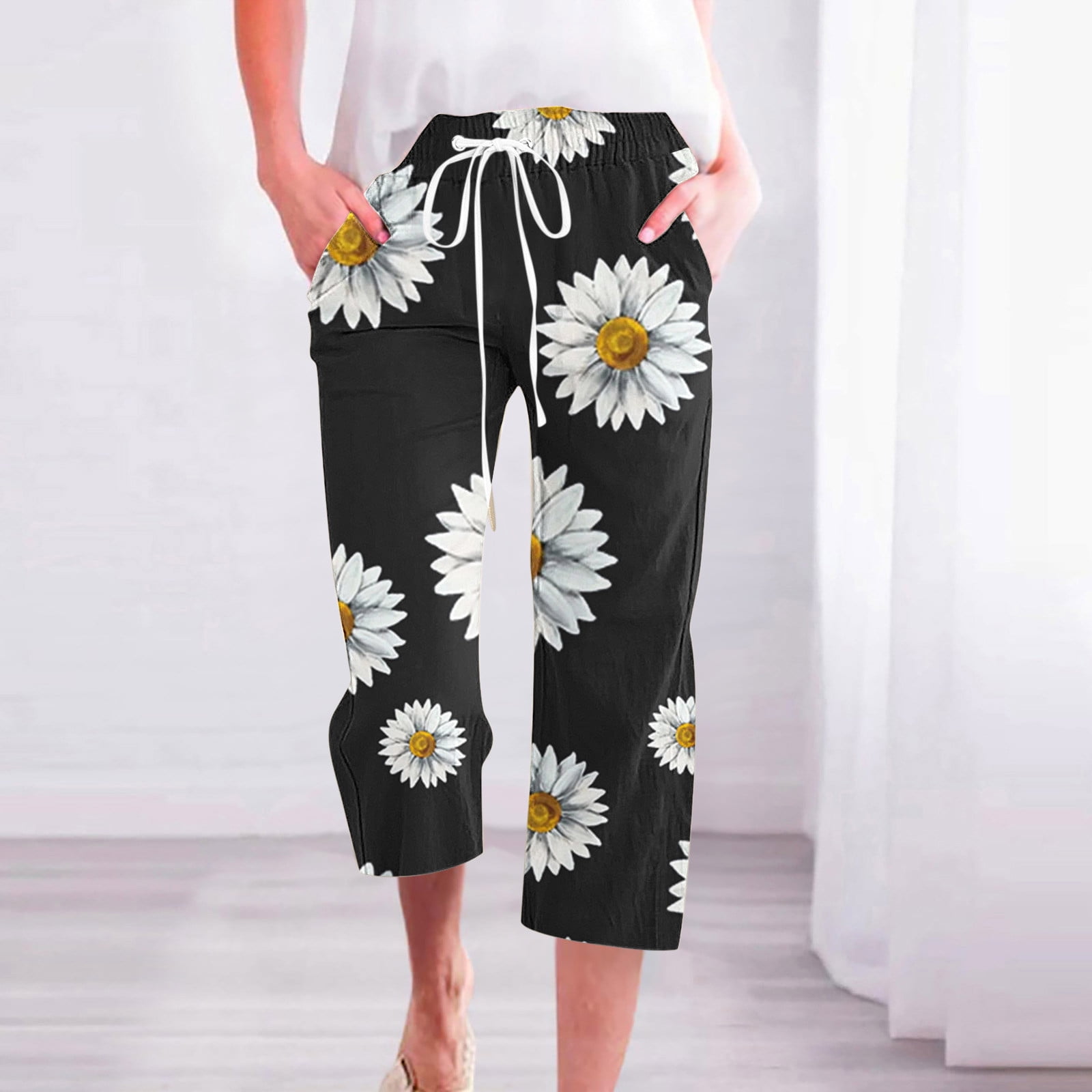 Pxkloy Ladies Linen Drawstring Capri Pants,Capris for Women Casual ...