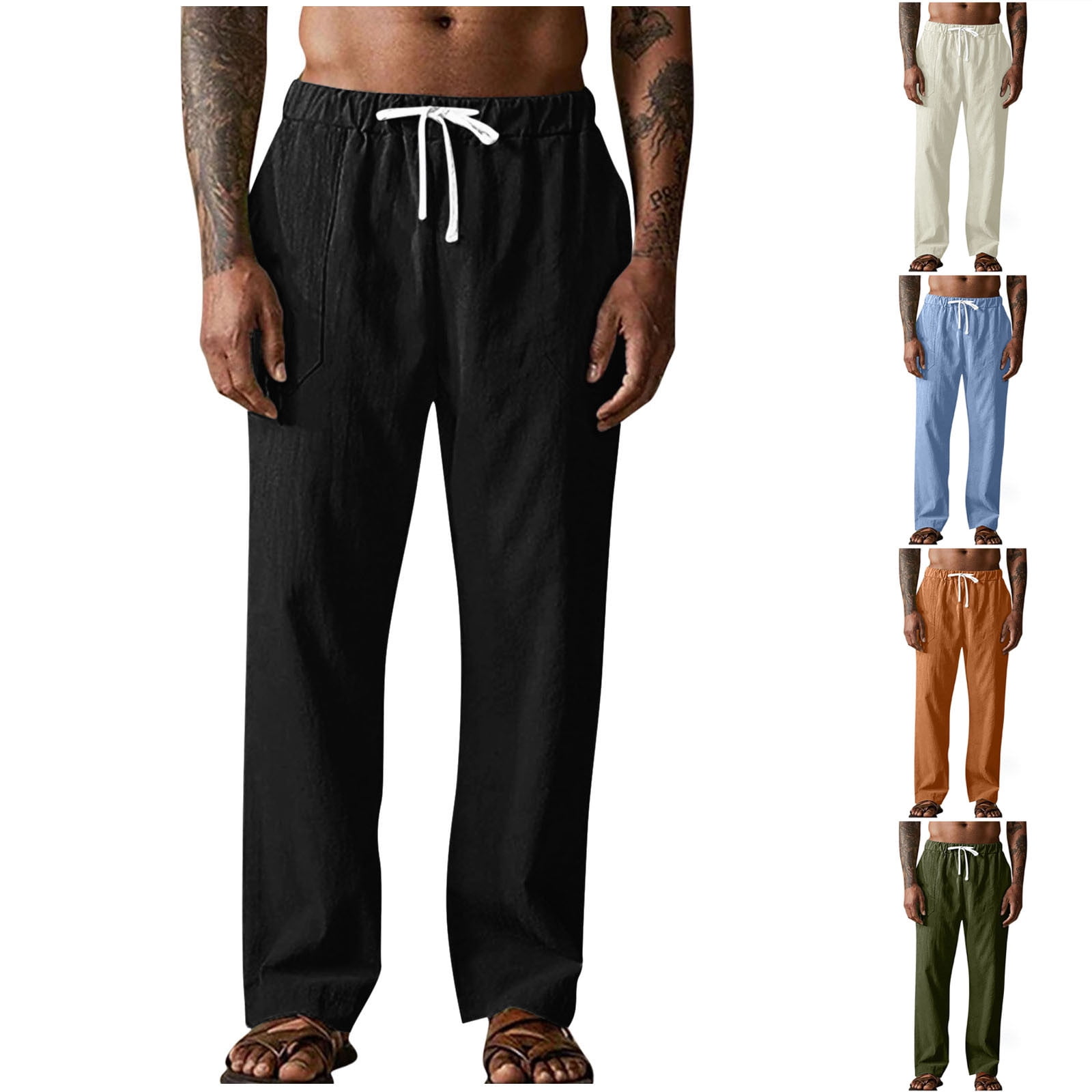 Pxkloy Mens Casual Linen Pants Loose Fit Elastic Drawstring Waist ...