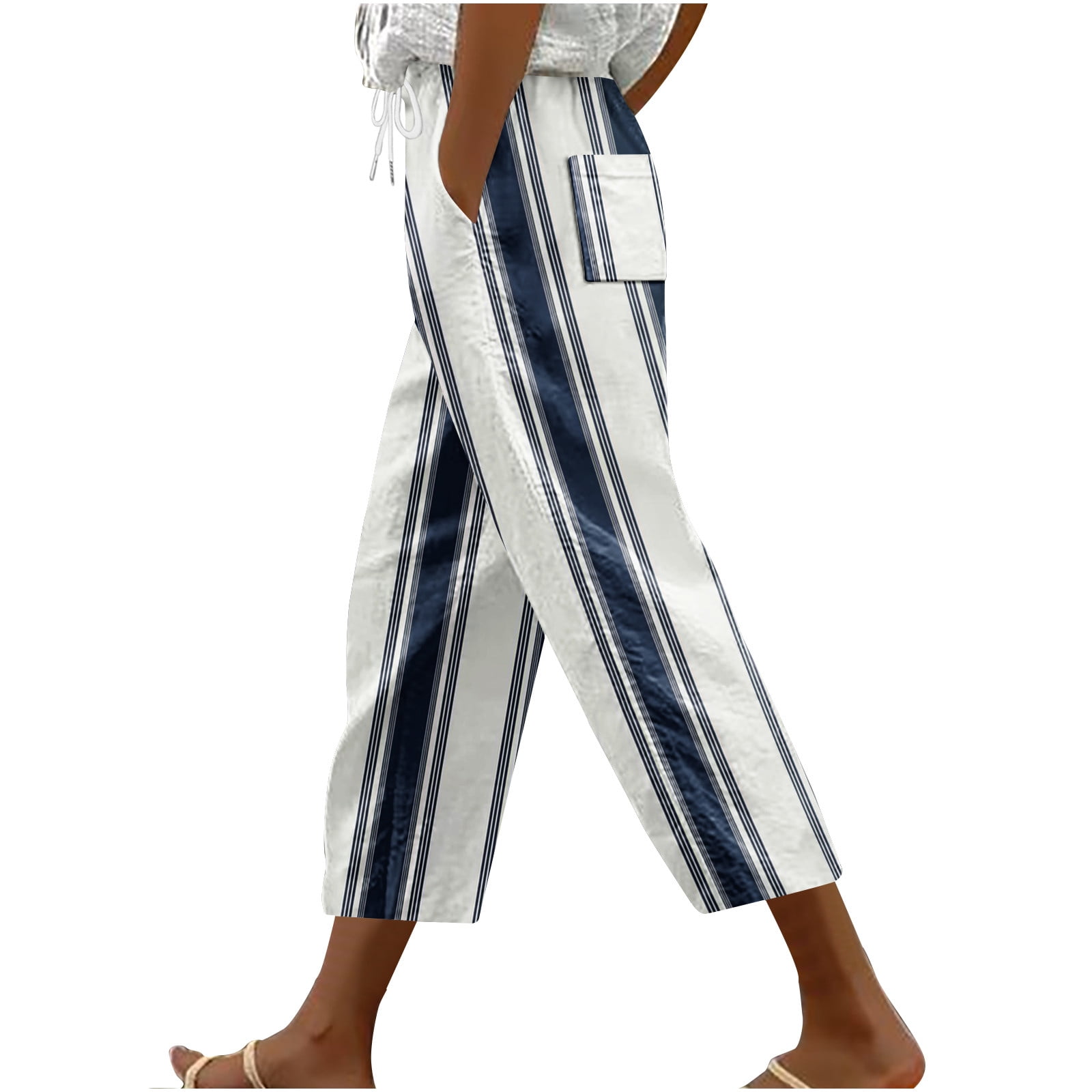 Pxkloy Pull On Striped Capri Pants for Women,Women's Linen Harem Pants ...