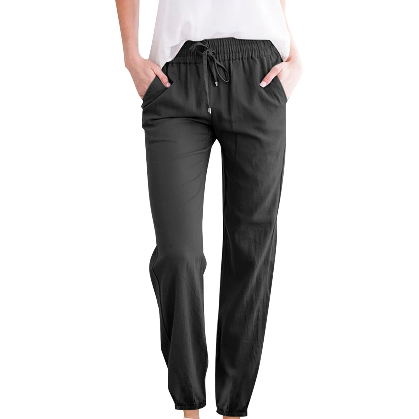Pxkloy Womens Casual Cotton Linen Pants Summer Relaxed Fit Elastic