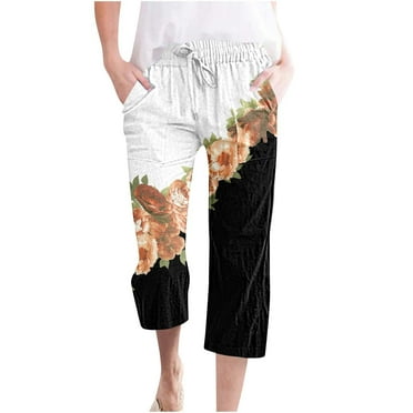 Summer Pants for Women Casual Cotton Linen Wide Leg Drawstring Elastic ...