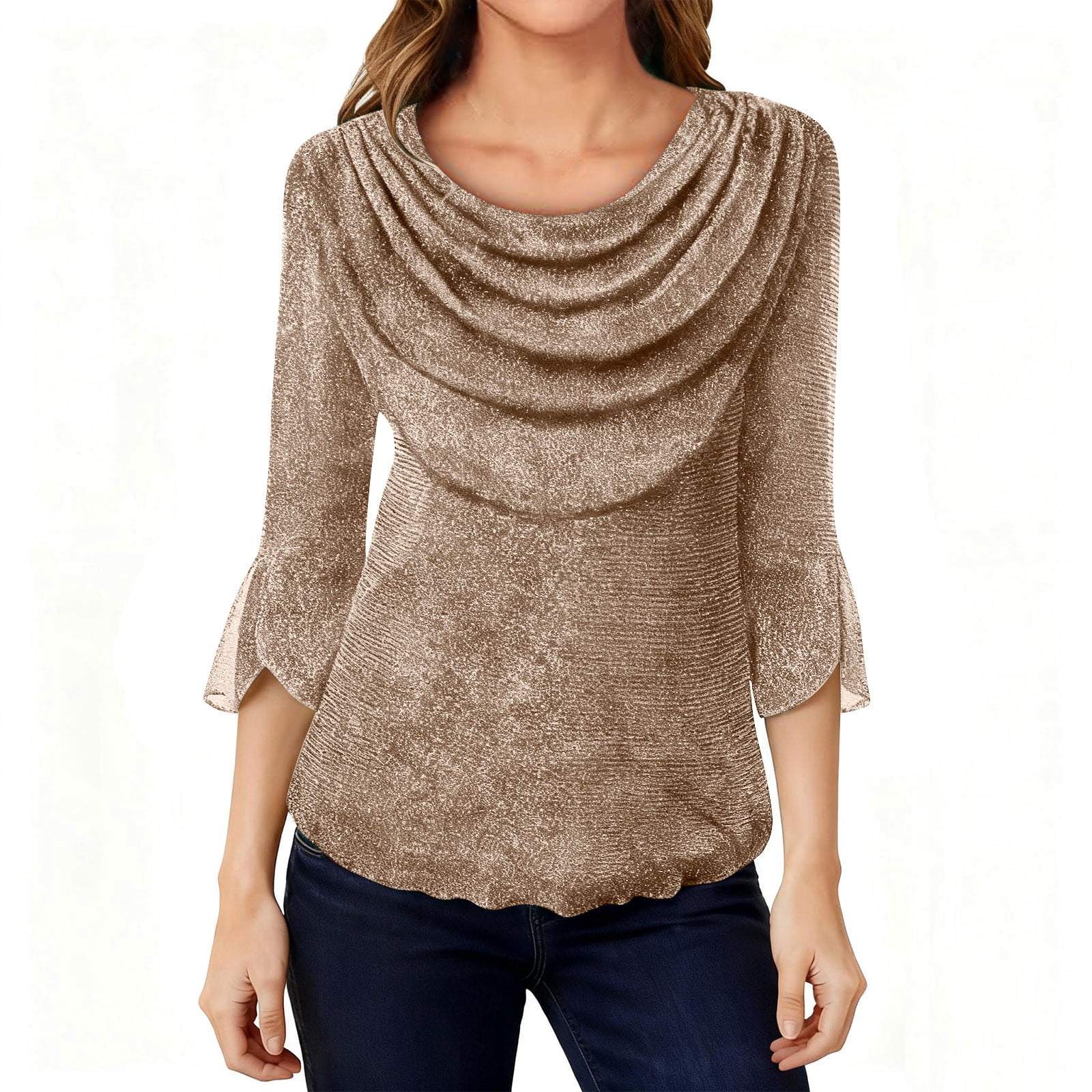 Pxkloy Womens 3/4 Sleeve Sequin Tops Cowl Neck Mesh Light Blouses Party ...