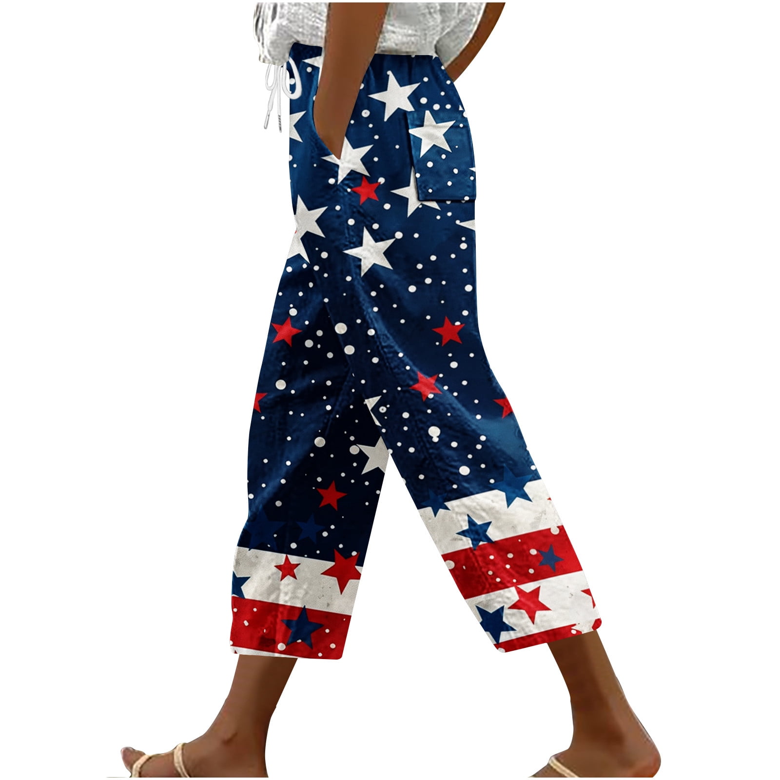 Pxkloy Womens Patriotic Pants Linen Capris For Women Elastic Waisted