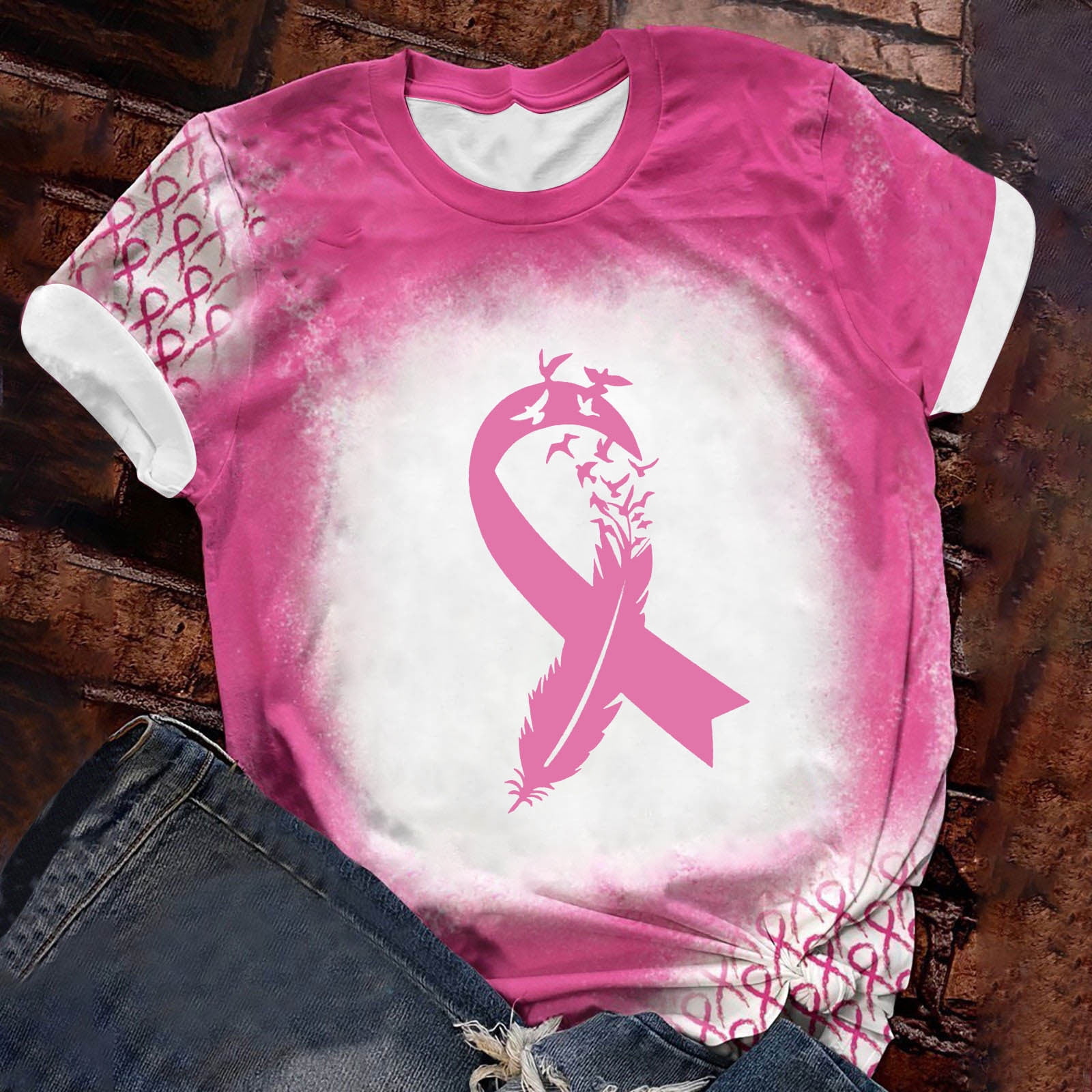 Pxxlle Plus Size Breast Cancer Awareness Tshirts for Women Pink Ribbon Feather Graphic Tees ...