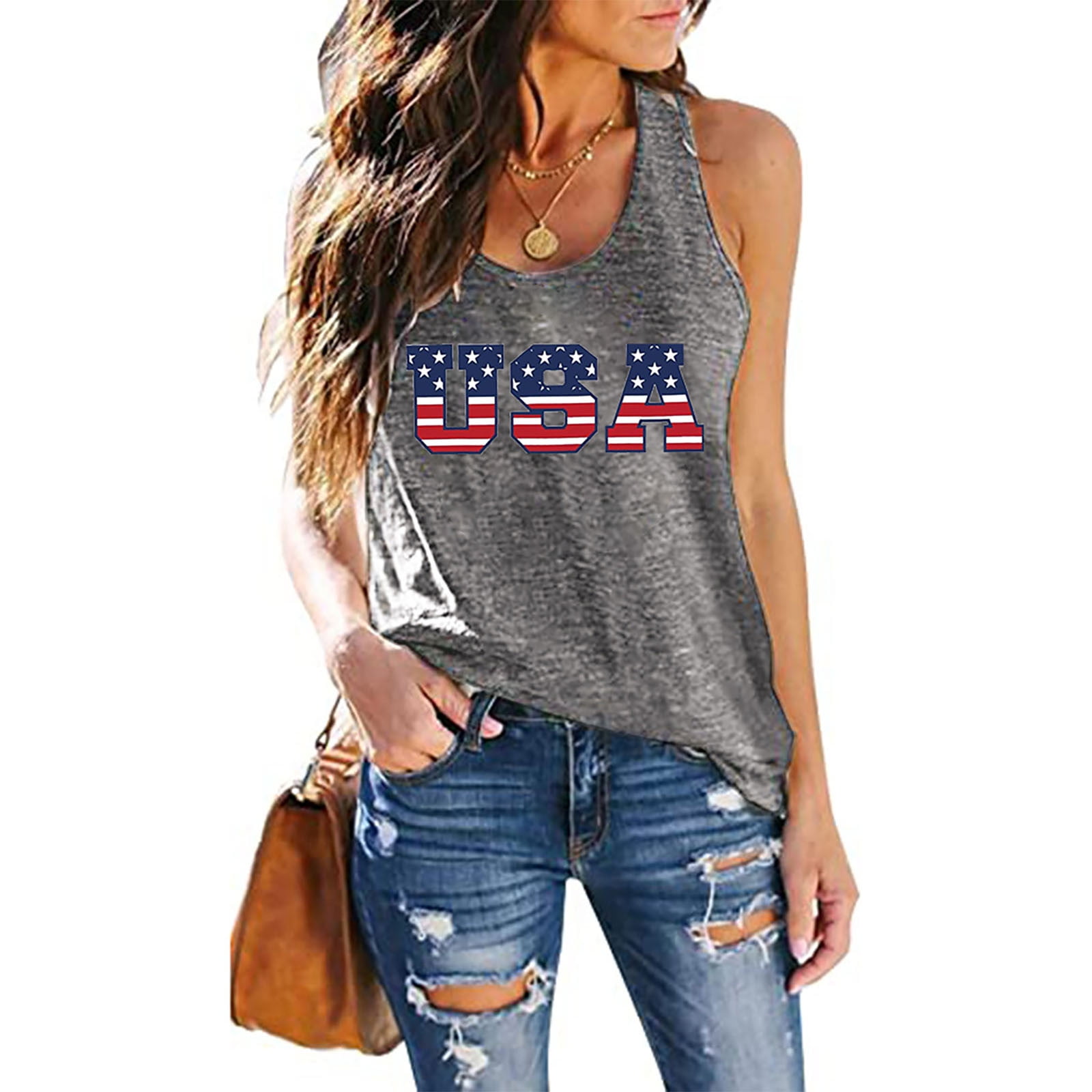Pxxlle Womens Patriotic Tank Tops Usa Flag Graphic Tees Workout