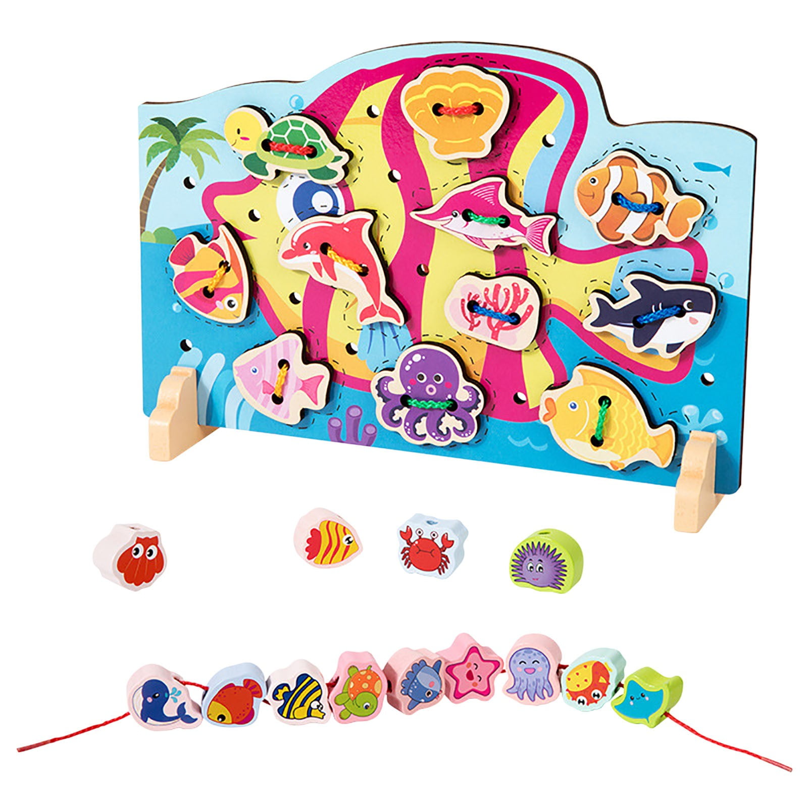 Pyaiiner Wooden Lacing Bead Game Threading and Button Activities for ...