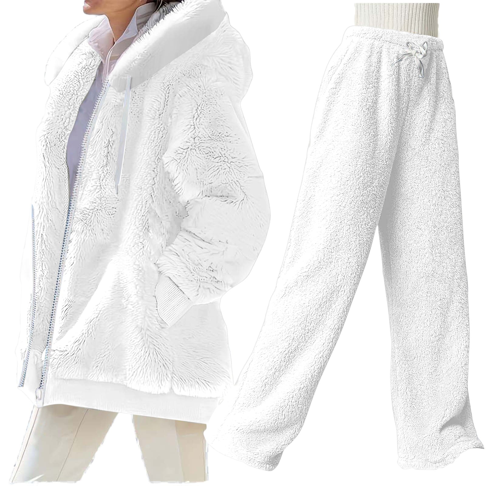 Pyhlmscde Women's Fuzzy Warm Cozy Winter Fleece Two Piece Set, Cardigan ...