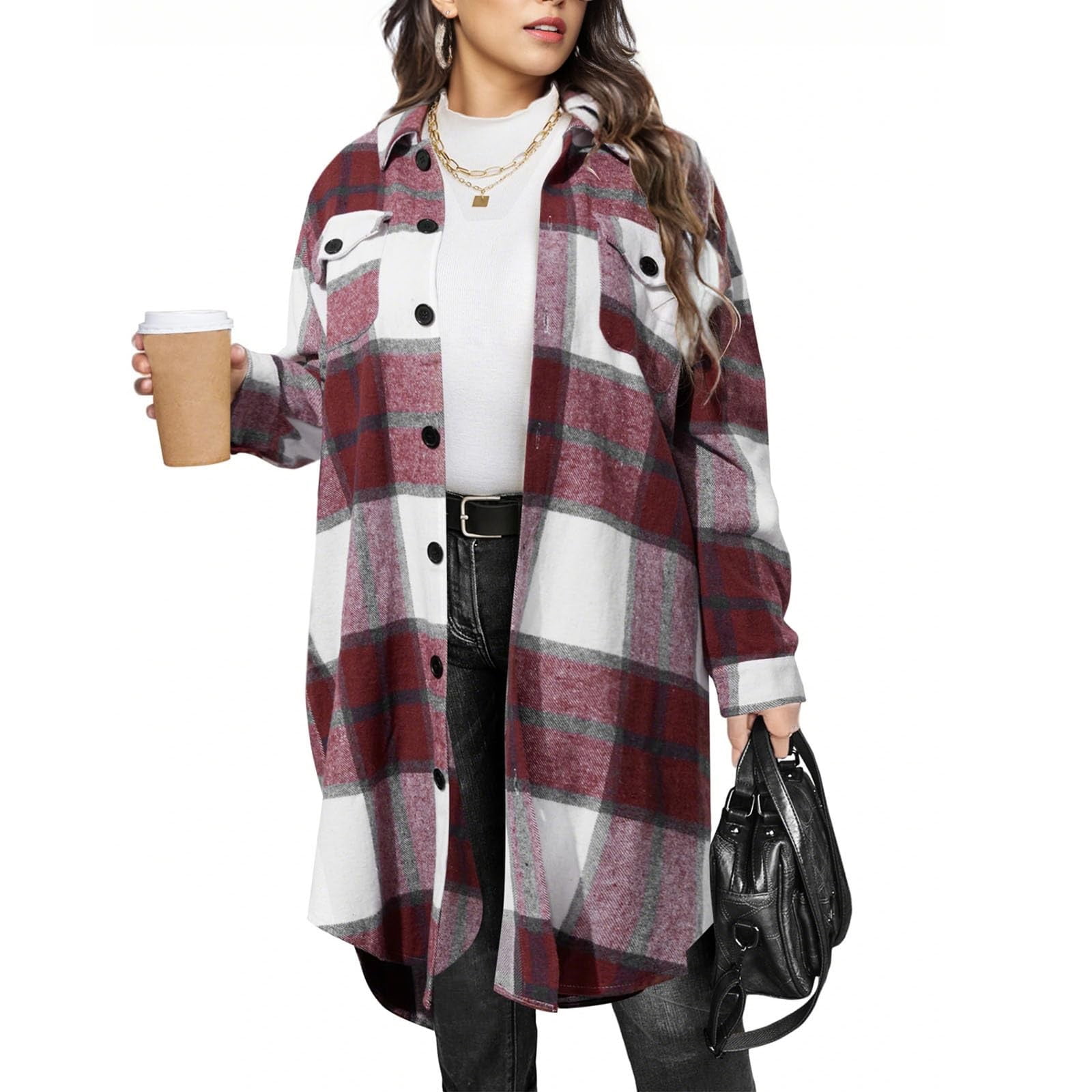 Pyhlmscde Women's Plaid Casual Lapel Button Down Long Sleeve Trench ...