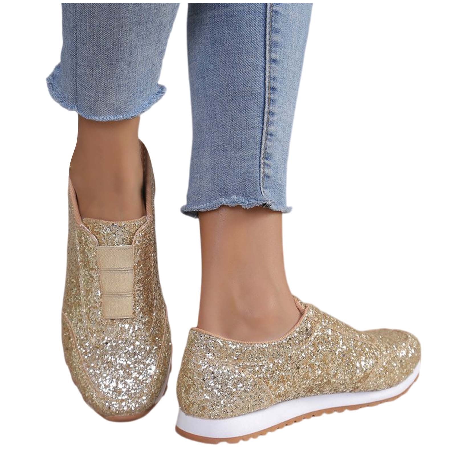 Pyhlmscde Womens Slip On Sneakers Sequin Shoes Flat Heel Comfy Walking ...