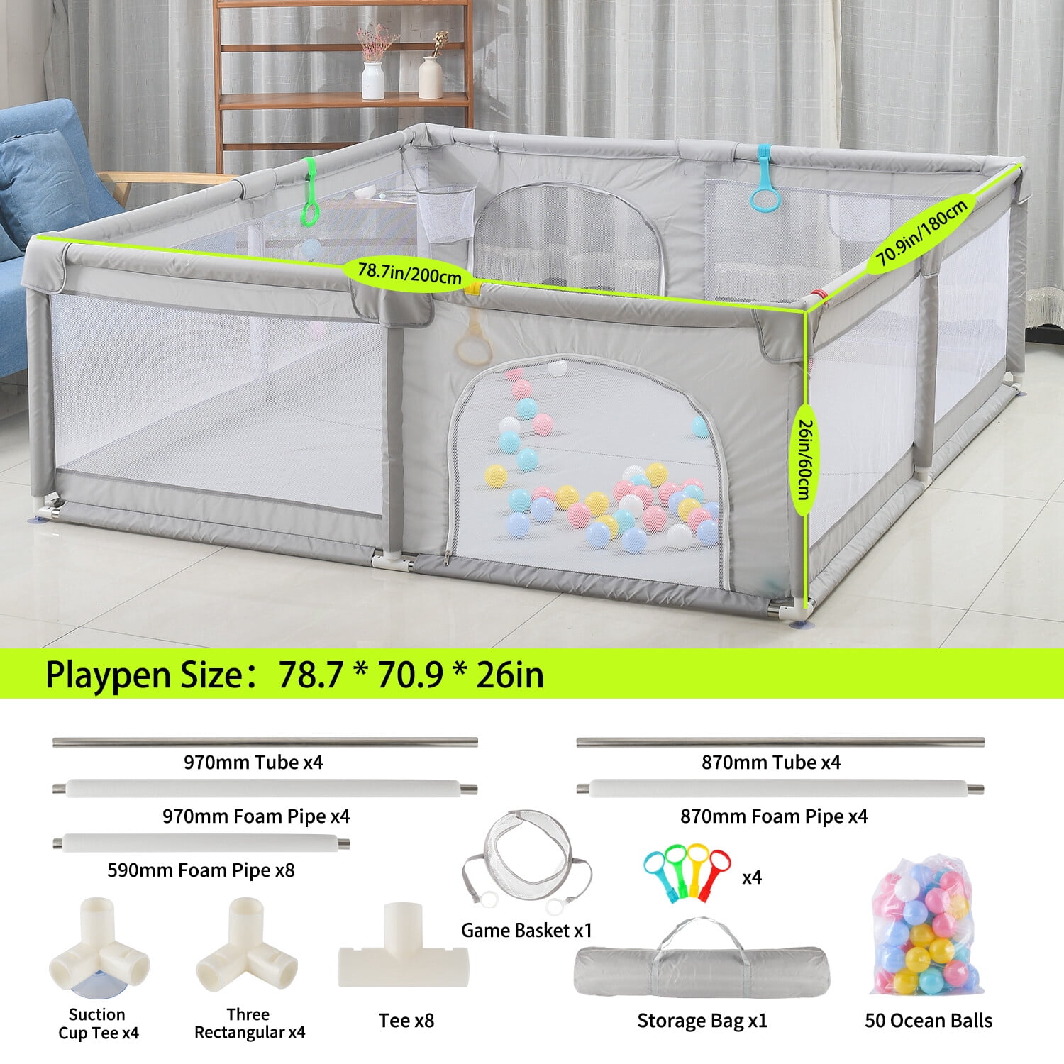 Pyladea 71x79x26 inch Grey Baby Playpen Playard Kit for Babies and ...