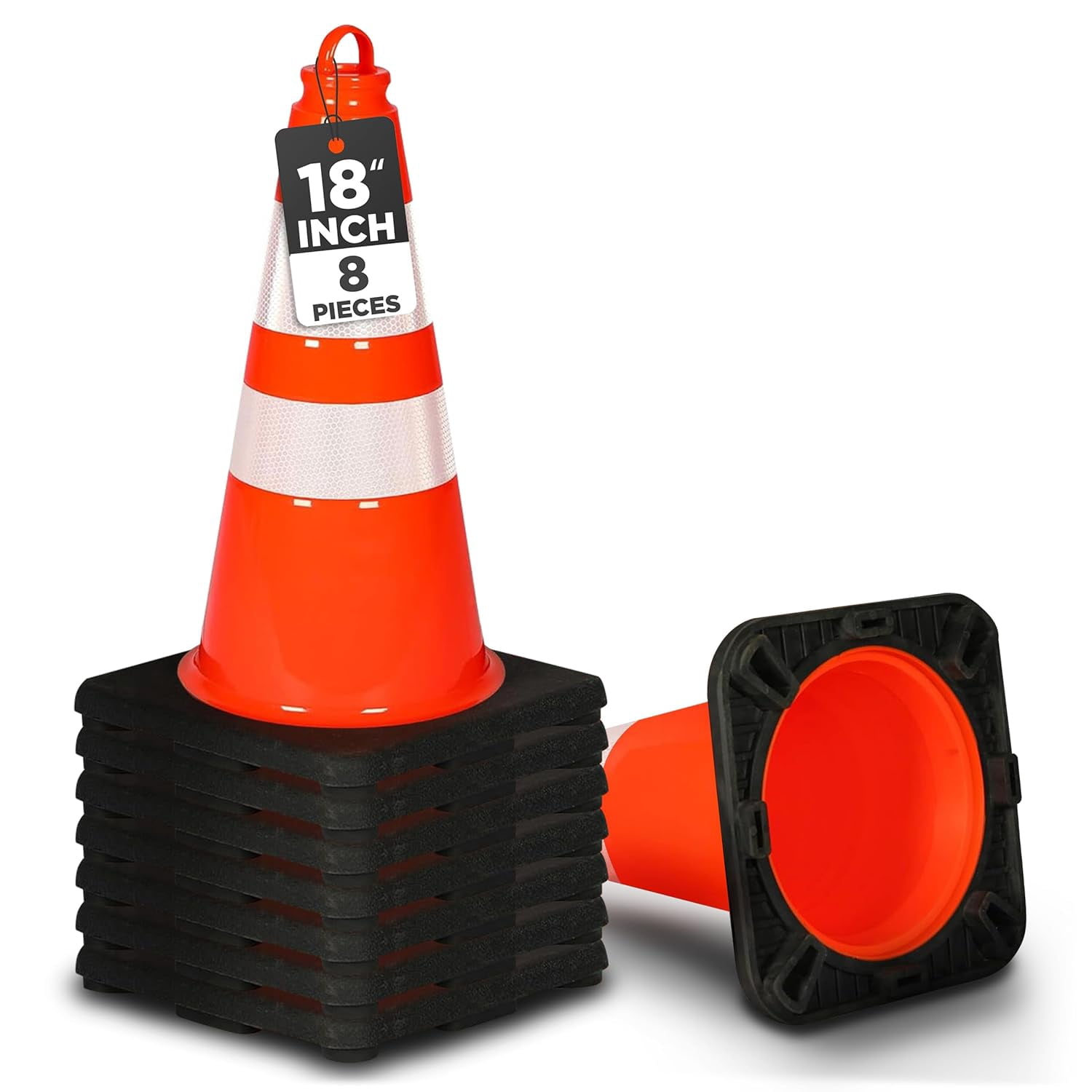 Pyle 18" Traffic Cones 8-Pack, High-Visibility Orange Safety Cones with ...