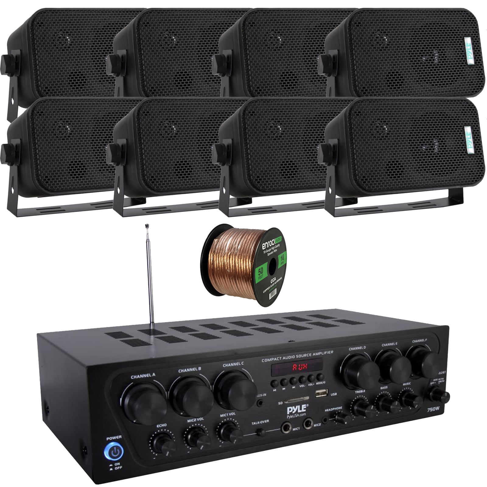 Pyle 6-Channel 750W Bluetooth USB AUX FM Stereo Amplifier Receiver Home ...