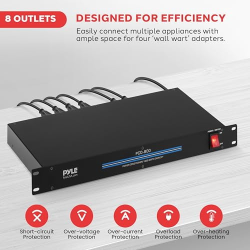 Pyle 8-Outlet Rack Mount Power Conditioner - 15 Amp 1800W Black AC ...