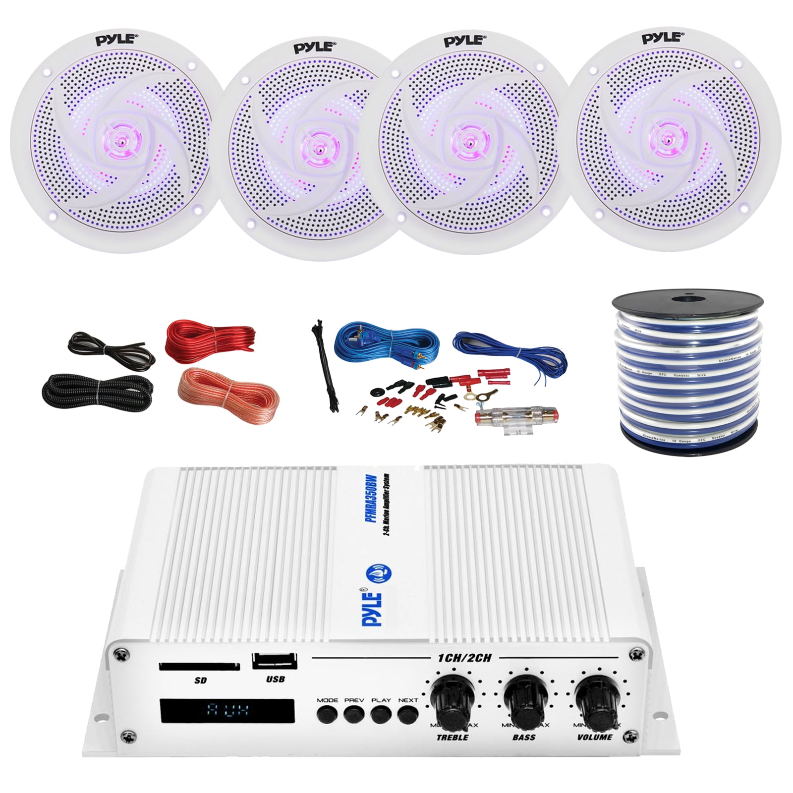 Pyle Marine PFMRA450BW 4-Channel Bluetooth White Amplifier, 4x Pyle 4 ...
