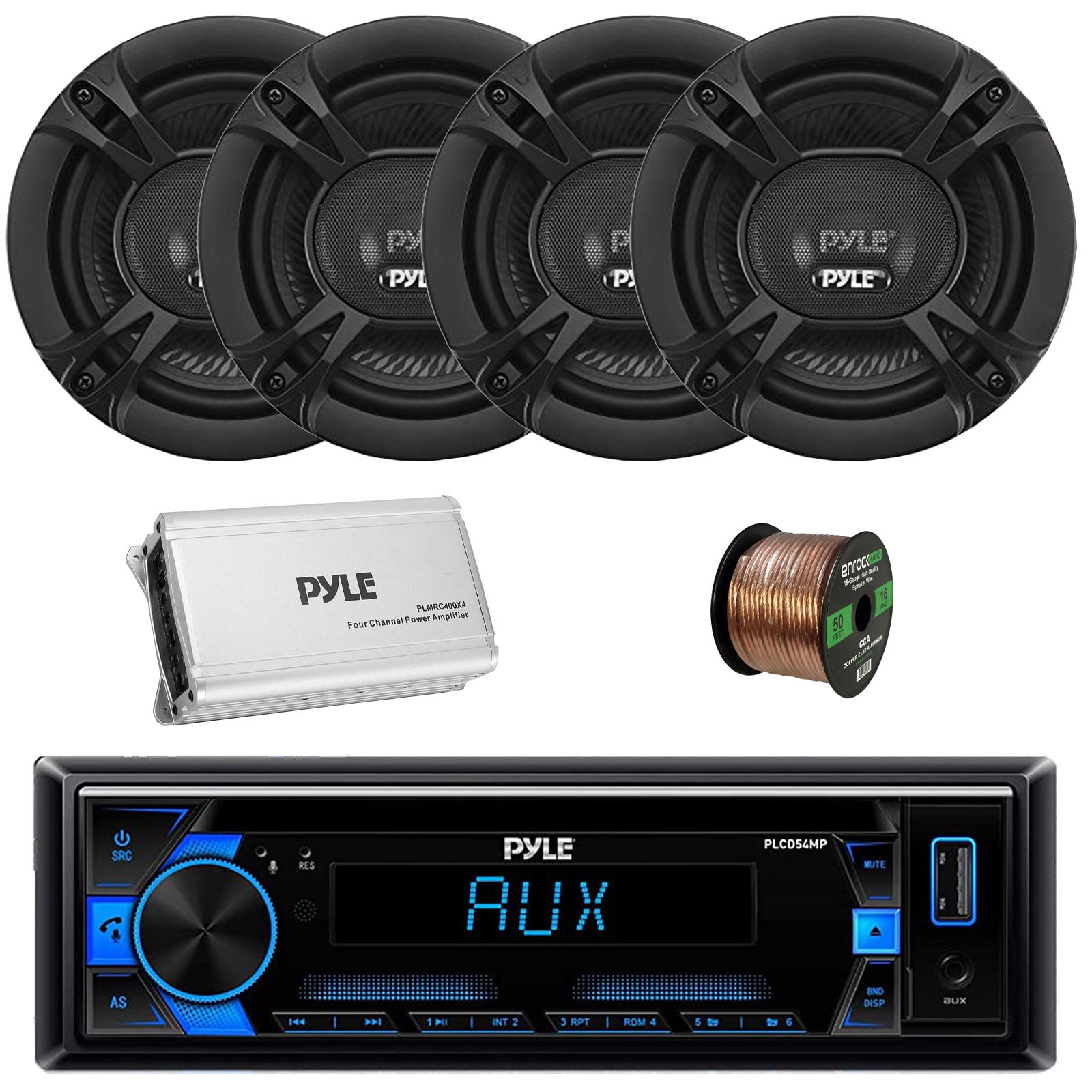 Pyle PLCD54MP Single DIN AM/FM CD/MP3 USB/AUX Stereo Receiver, 4x 6.5 ...