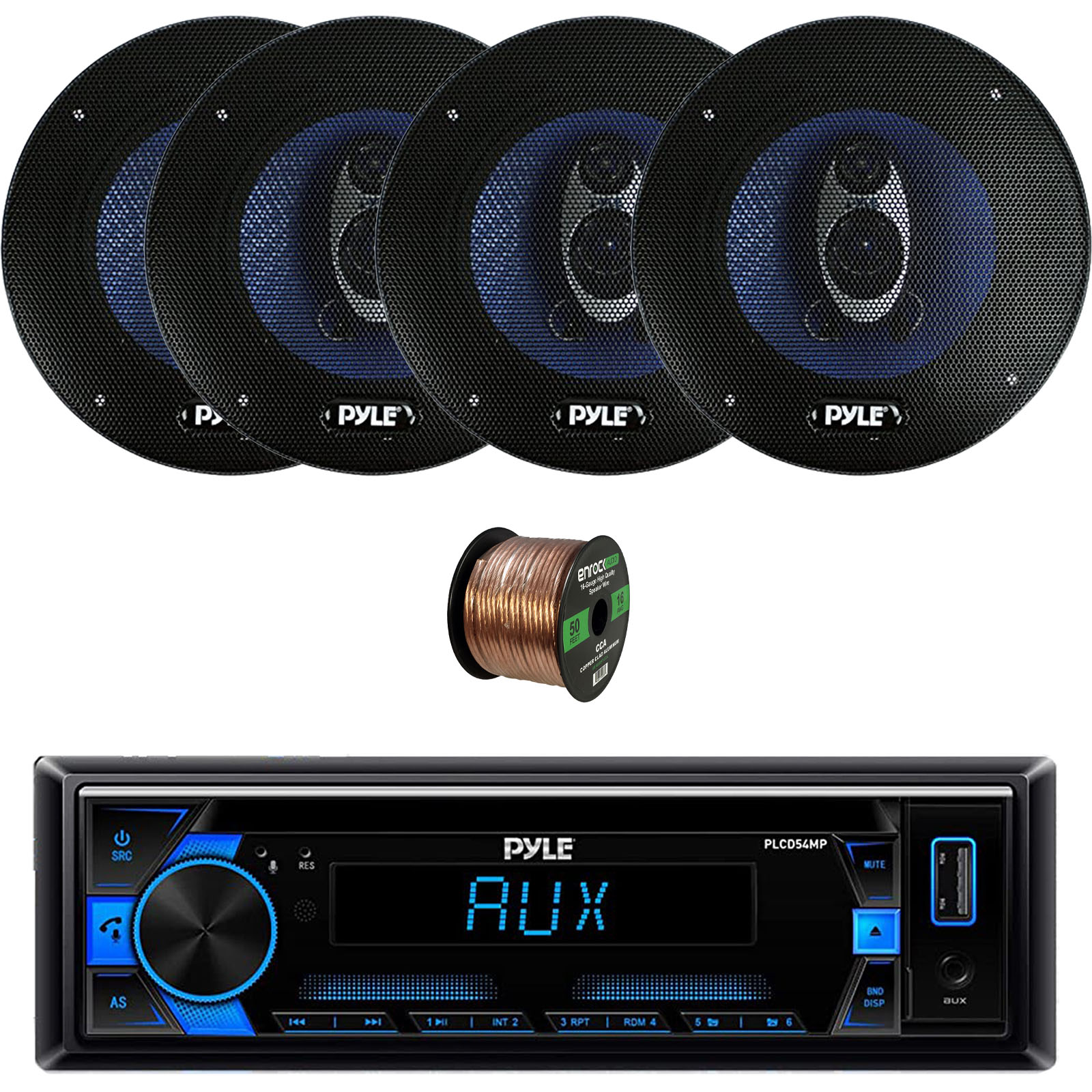 Pyle PLCD54MP Single DIN AM/FM CD/MP3 USB/AUX Stereo Receiver Bundle Combo Two Pairs (QTY 4) Of ...