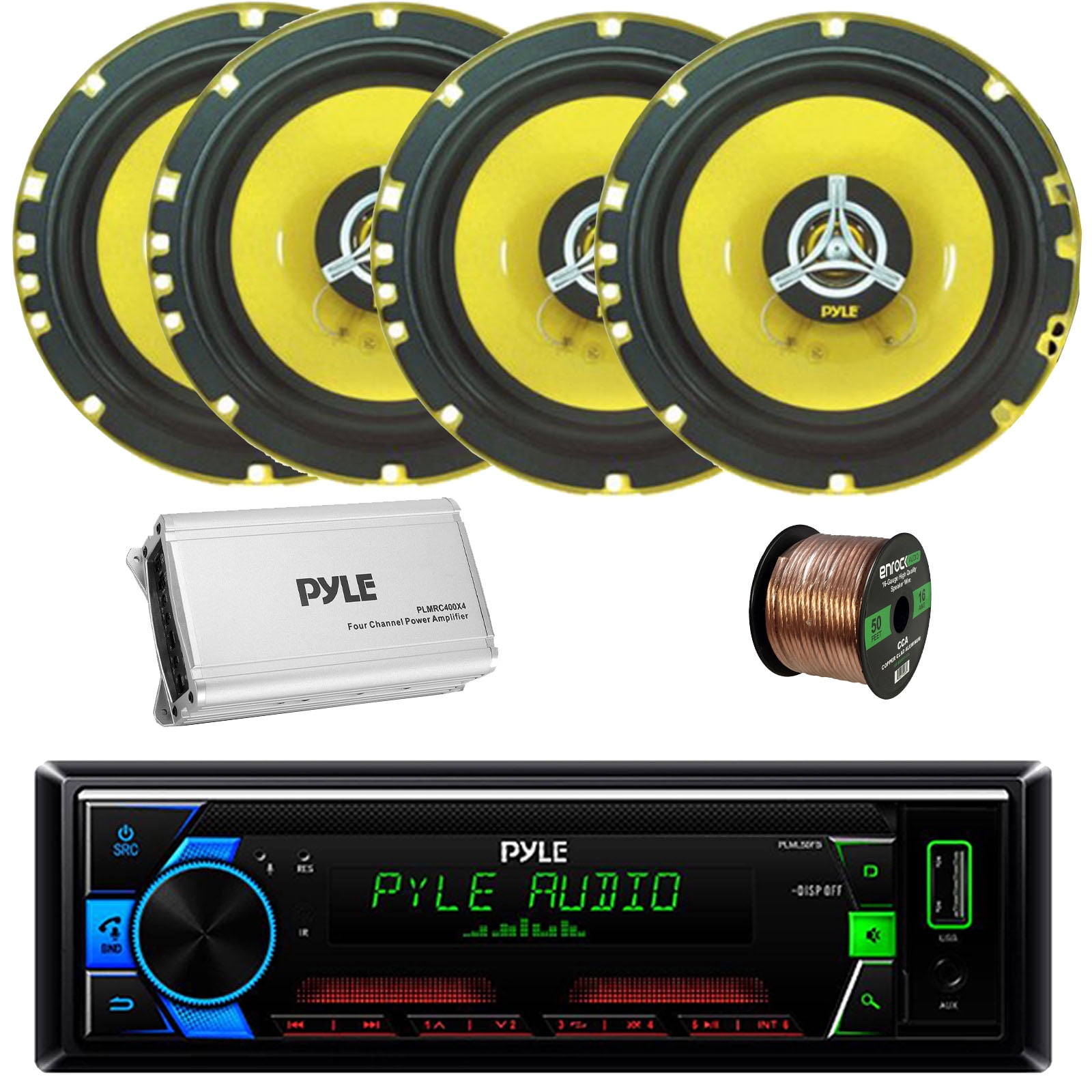 Pyle PLML50FB Single DIN AM/FM MP3 USB/AUX Stereo Receiver, 4x 6.5'' 240 Watt Max Peak Power 2 ...