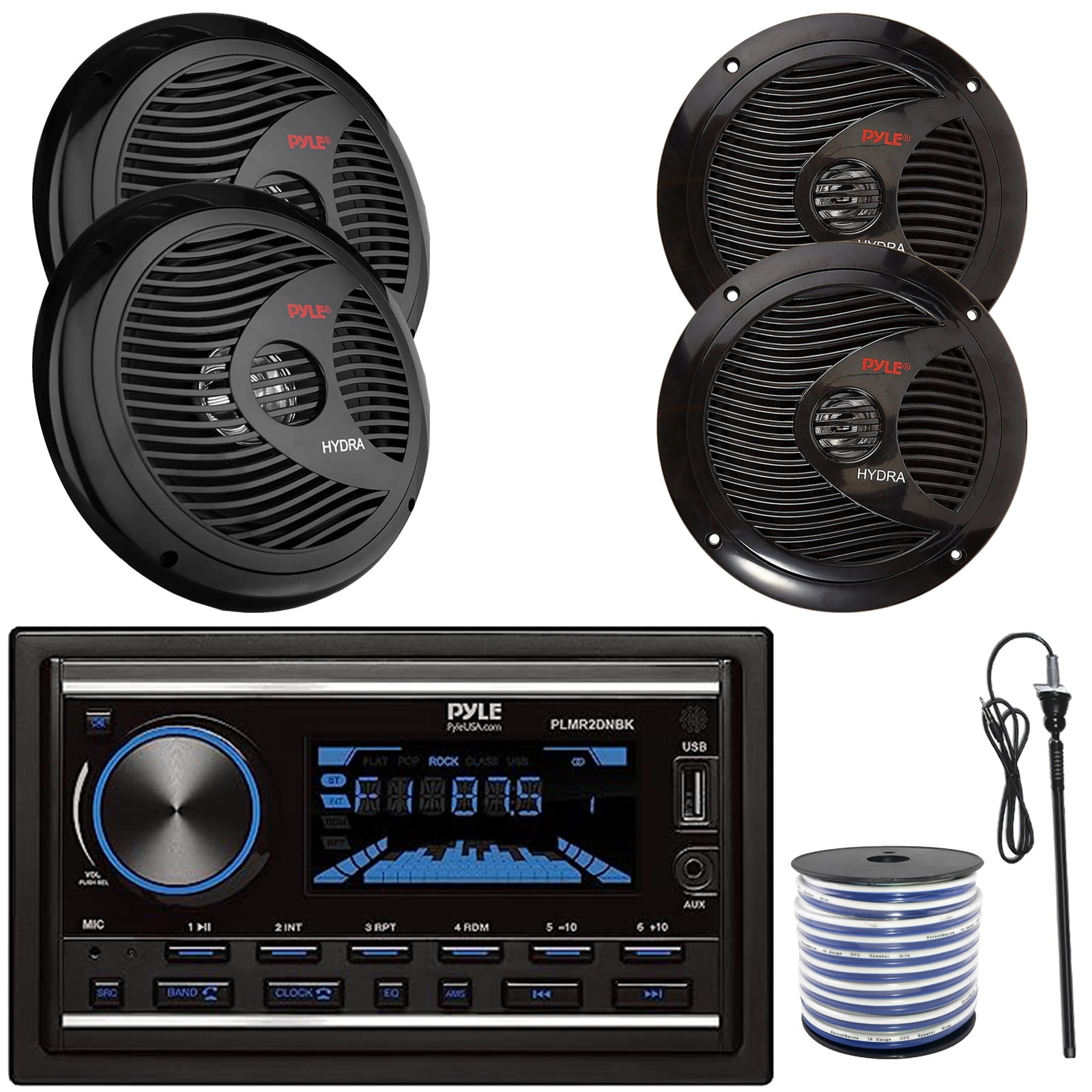 Pyle PLMR2DNBK Double-DIN Boat Marine Bluetooth USB/AUX MP3 Radio Head ...