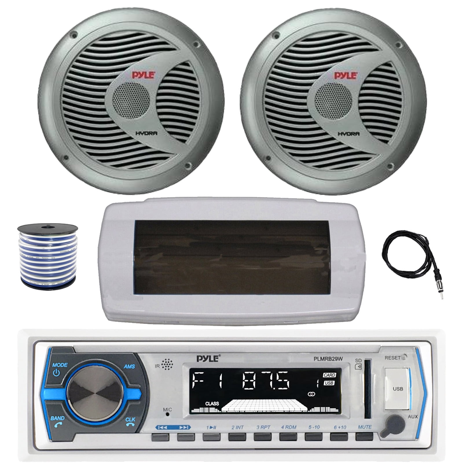 Pyle PLMRB29W Single DIN Bluetooth Marine MP3 AM/FM Stereo Receiver with White Cover, 22" Radio ...