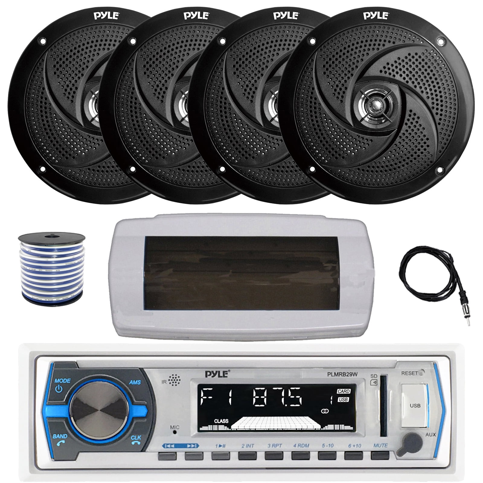Pyle PLMRB29W Single DIN Bluetooth Marine MP3 AM/FM Stereo Receiver with White Cover, 22" Radio ...