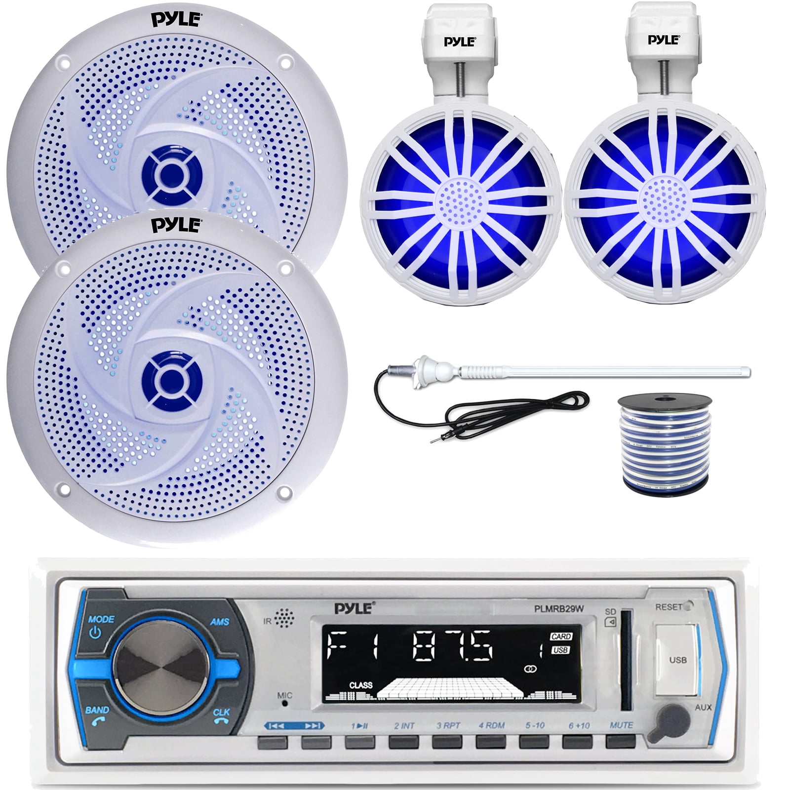 Pyle PLMRB29W Single DIN Bluetooth Marine MP3 In-Dash Stereo White Receiver, 2x 3.5" 20W ...