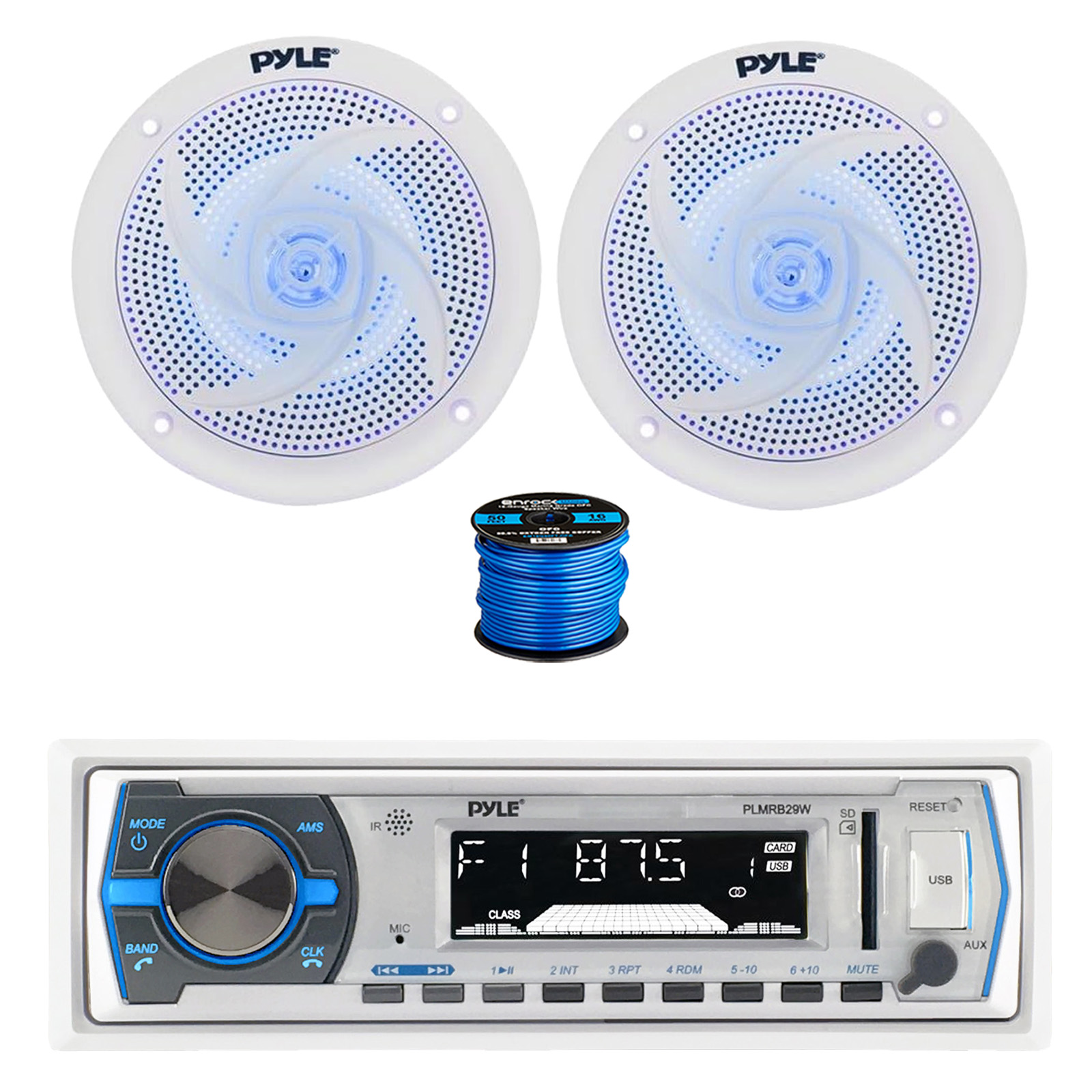 Pyle PLMRB29W Single DIN Bluetooth Marine MP3 Stereo Receiver, 2x 6.5 ...