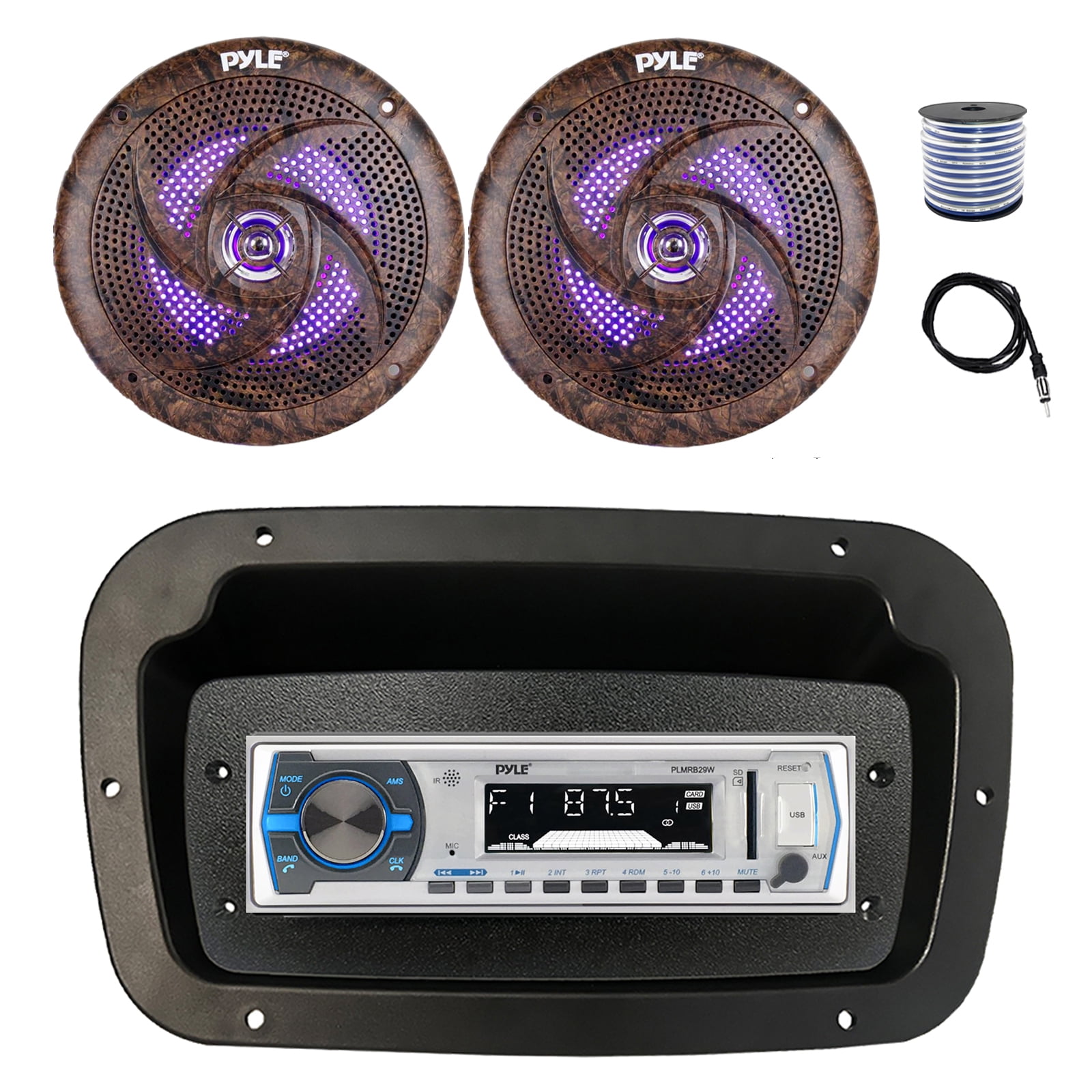 Pyle PLMRB29W Single DIN Bluetooth Marine MP3 Stereo Receiver, Spa bezel, Adapter Plate, 22 ...