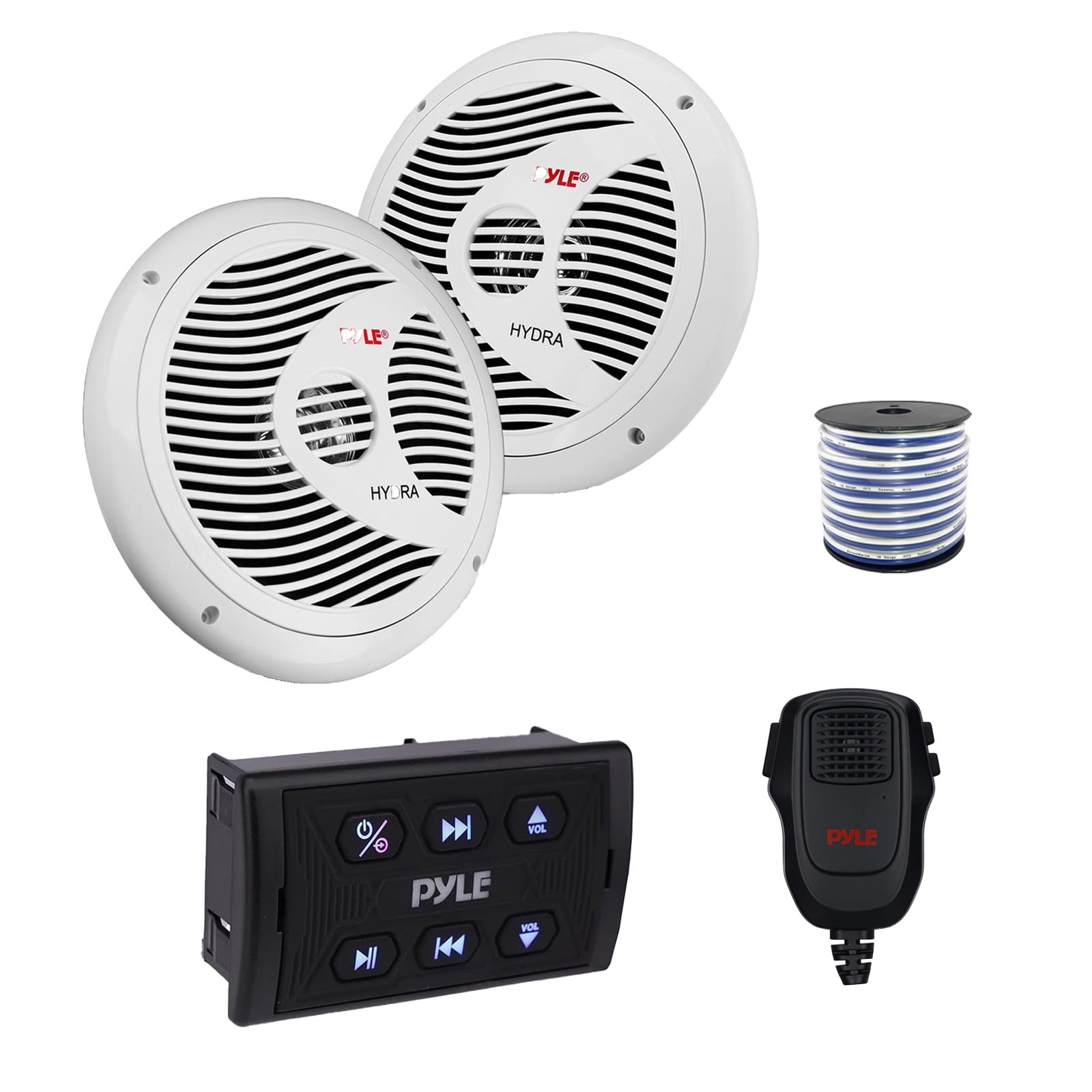 Pyle PLMRSQMIC Marine Wireless Bluetooth Controller w/Handheld Mic, 2x ...