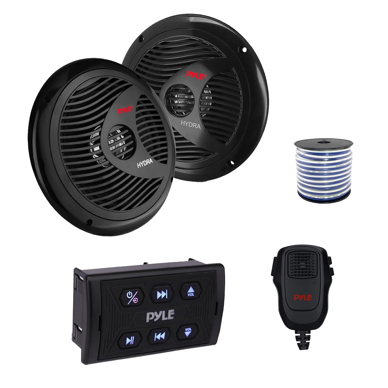 Pyle PLMRSQMIC Marine Wireless Bluetooth Controller w/Handheld Mic, 2x ...