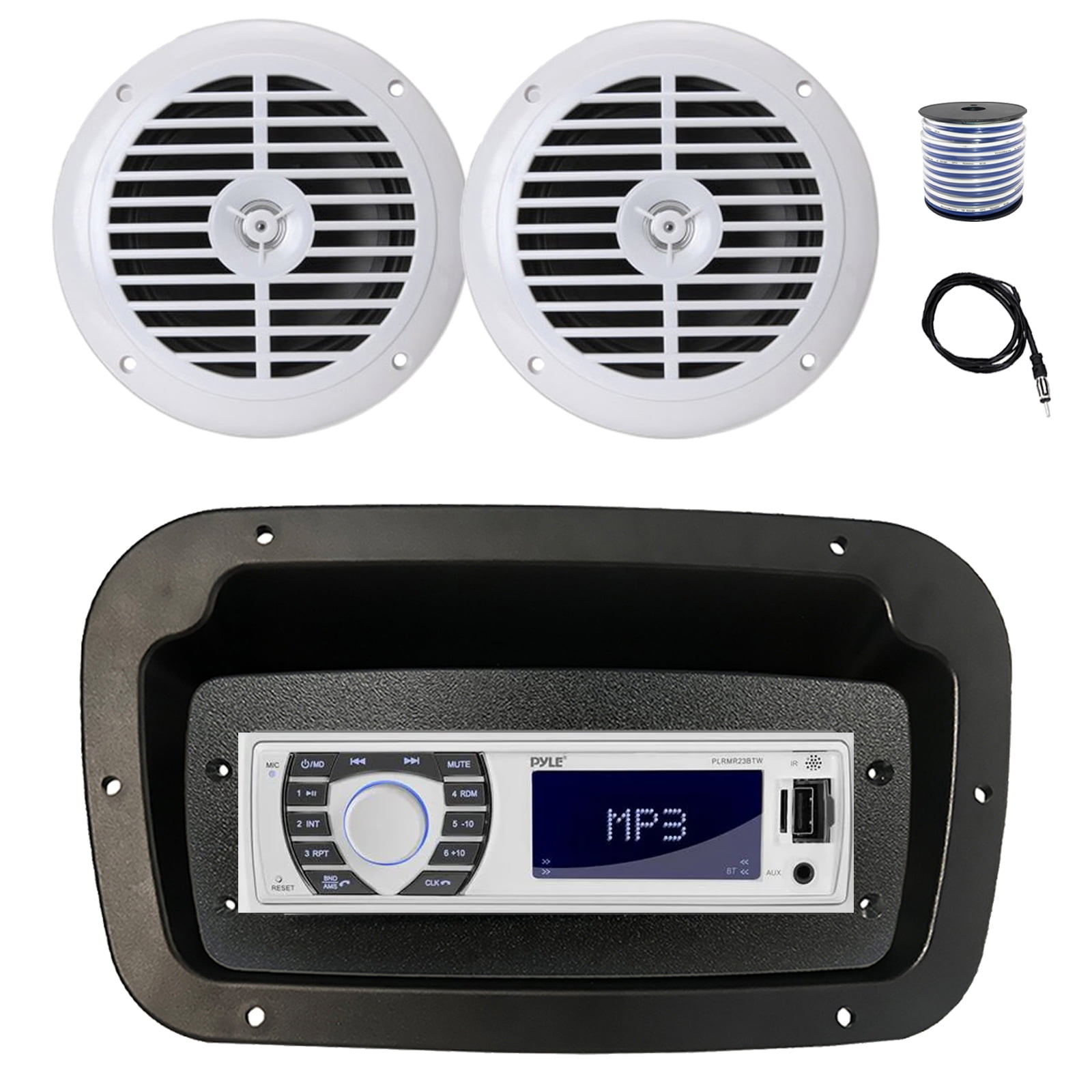 Pyle PLRMR23BTW Single DIN Bluetooth Marine MP3 Stereo Receiver, Spa bezel, Adapter Plate, 22 ...