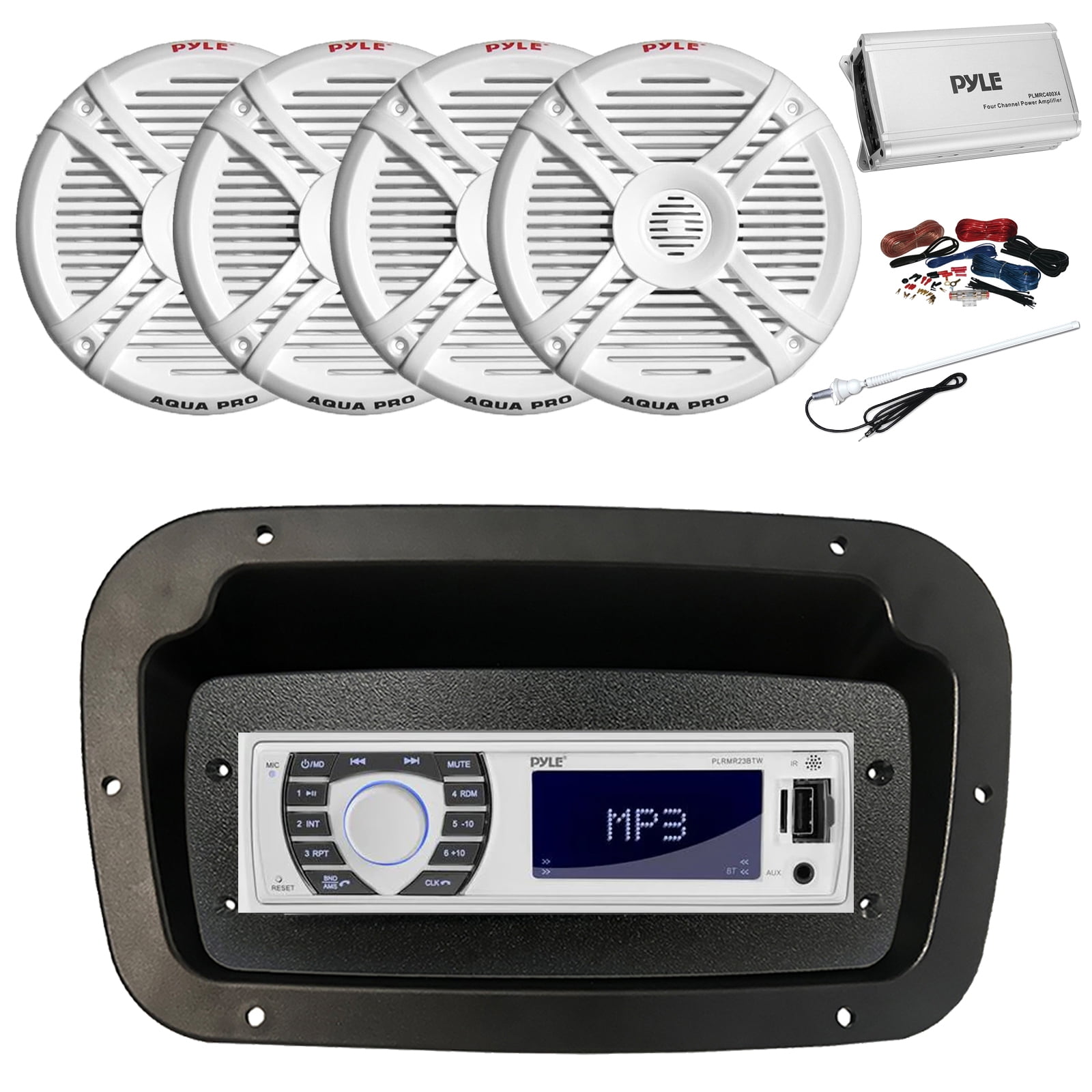 Pyle PLRMR23BTW Single DIN Bluetooth Marine MP3 Stereo Receiver, Spa bezel, Adapter Plate, Long ...