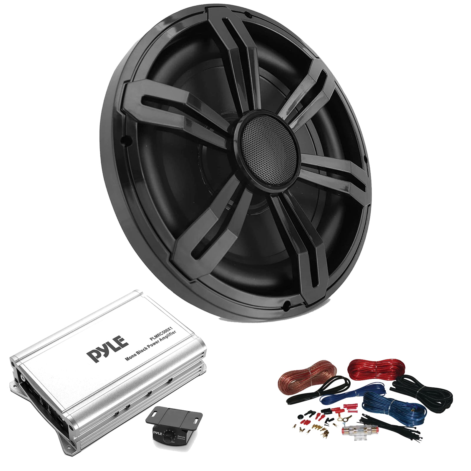 Pyle PLSMRW104BK 10'' 400 Watt Slim Waterproof Subwoofer Bundle Combo ...