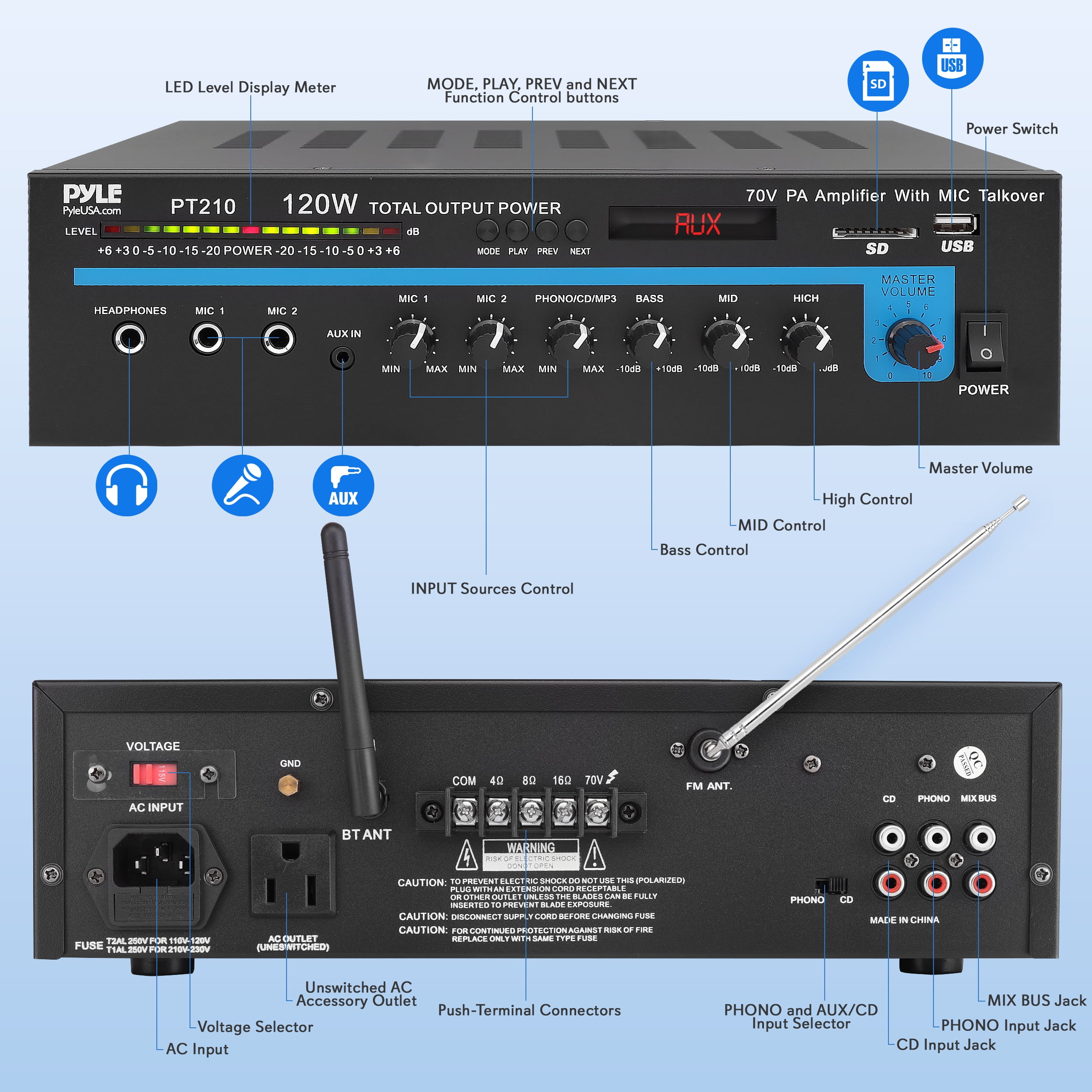 Pyle, Microphone PA Mono Amplifier, PT210, 120 Watt Compact System ...