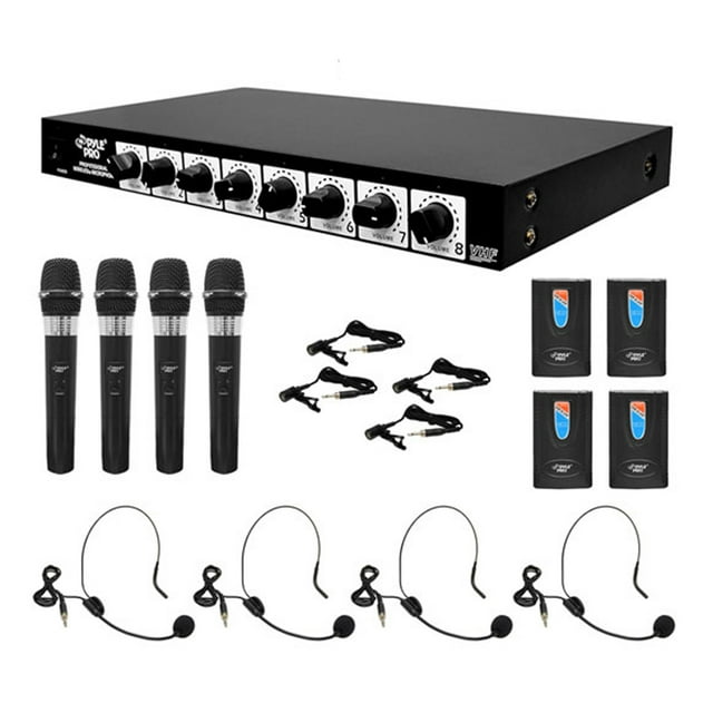 Pyle Rack Mount 8 Channel Wireless Microphone System with 4 Lavalier ...