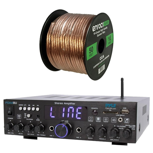 Pyle 200W Wireless Bluetooth Amplifier with 50ft 16 AWG Speaker Wire ...
