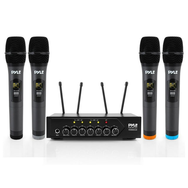 Pyle Wireless Microphone System Set w/ Bluetooth Receiver Base & 4 ...