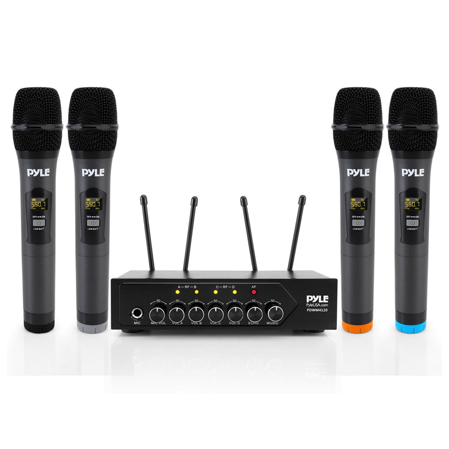 Pyle Wireless Microphone System Set w/ Bluetooth Receiver Base & 4 Mics ...
