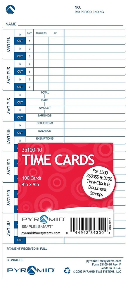 Pyramid Time Systems Pyramid Time Cards for 3000HD 3500 3550SS 3600SS ...