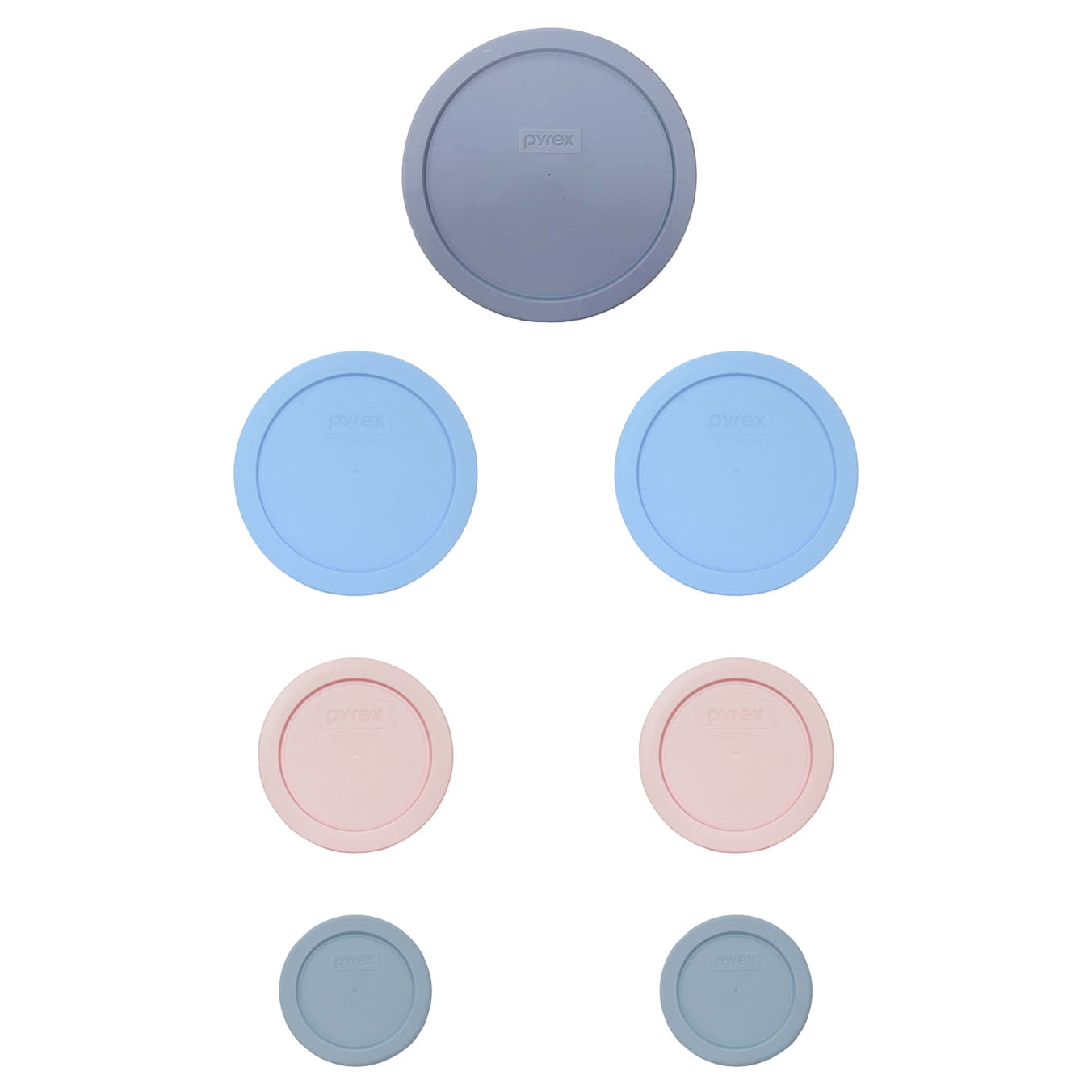 Pyrex (1) 7402-PC Cerulean Blue Lid, (2) Blue Cornflower Lids, (2) Nouveau Pink Lids, (2 ...